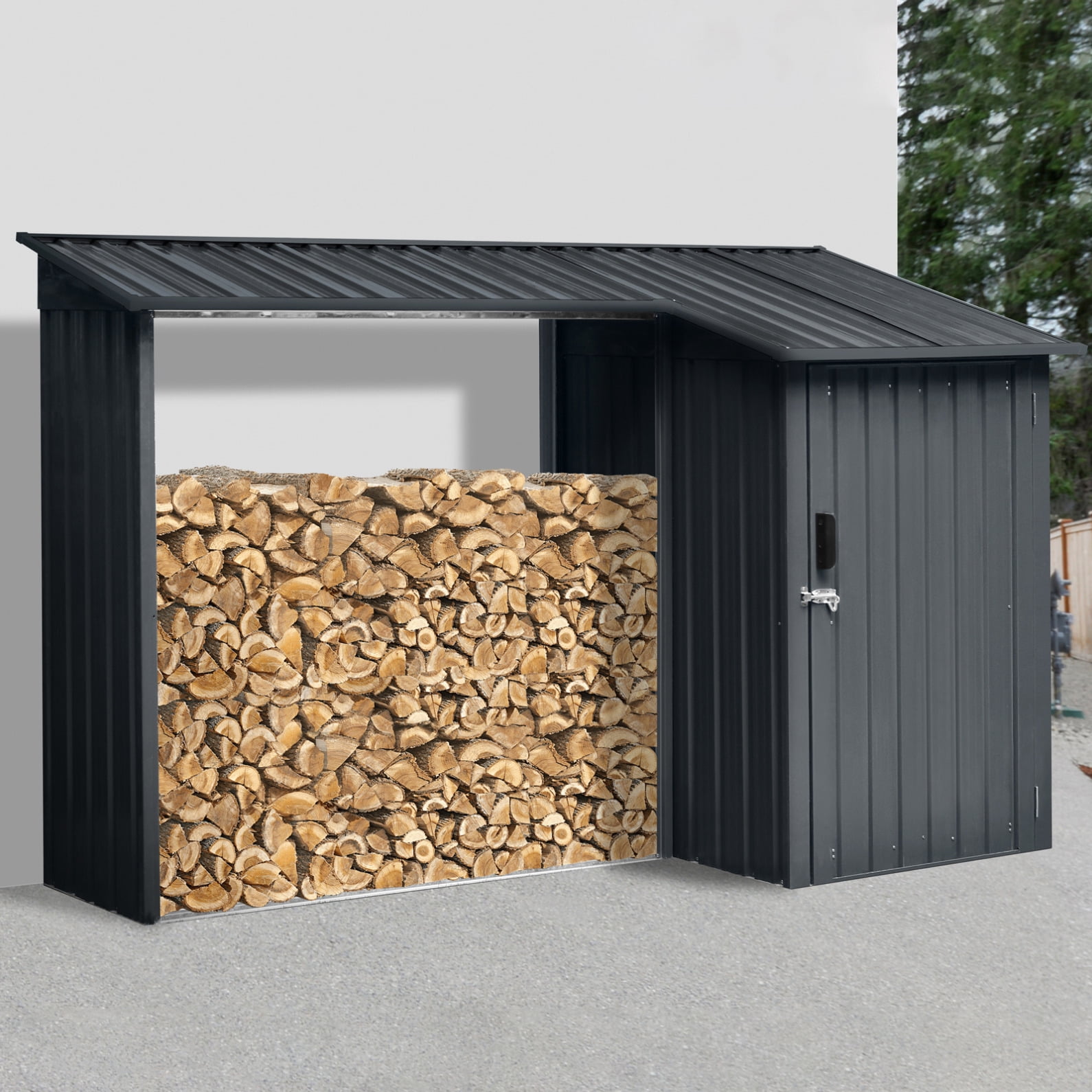 106.5" Outdoor Firewood Rack and Storage Shed, Metal 2 in 1 Garden Shed ...