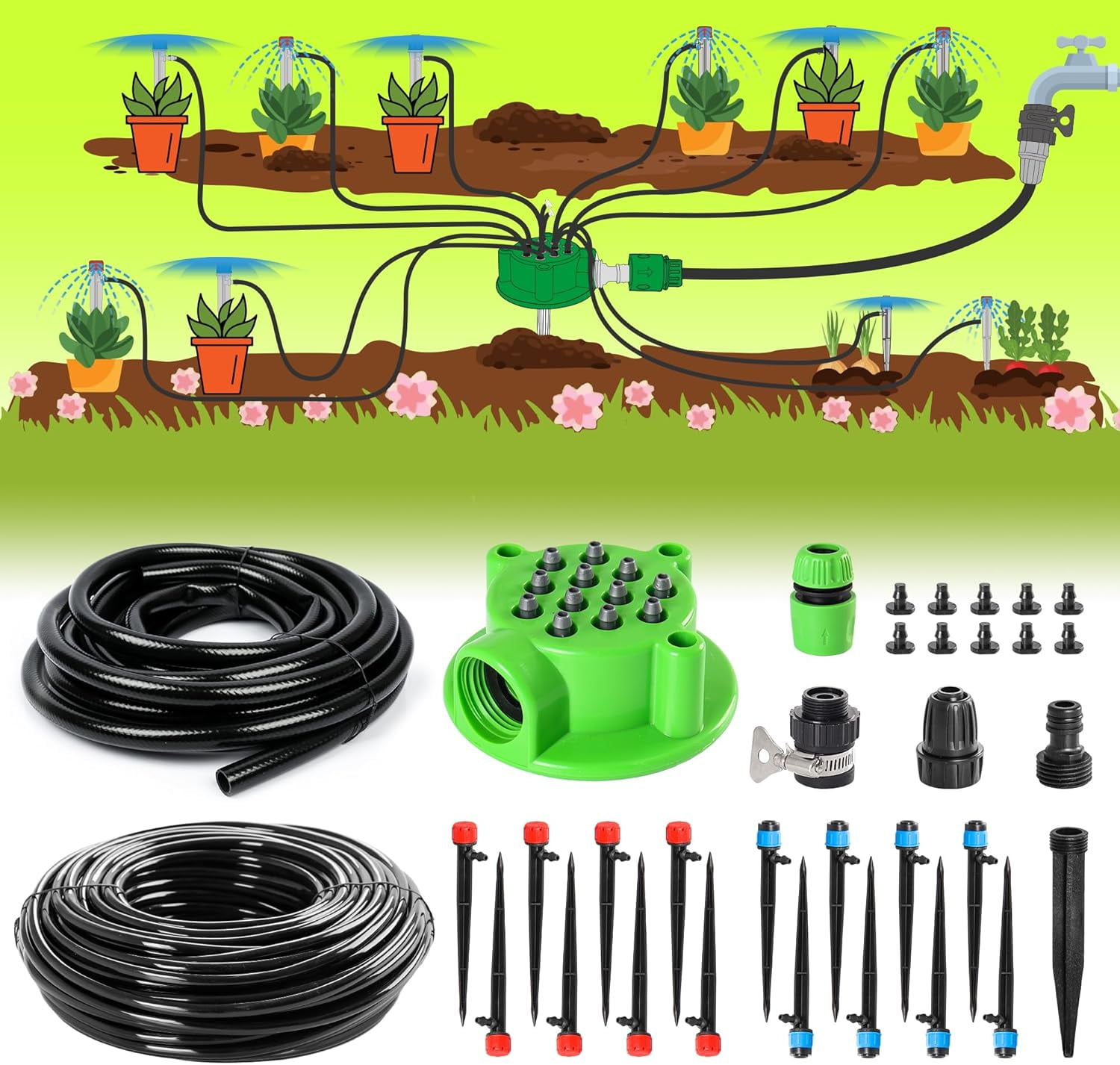 106.5FT Drip Irrigation Kit, Garden Watering System with 12-Port Irrigation Manifold, 1/2 inch ...