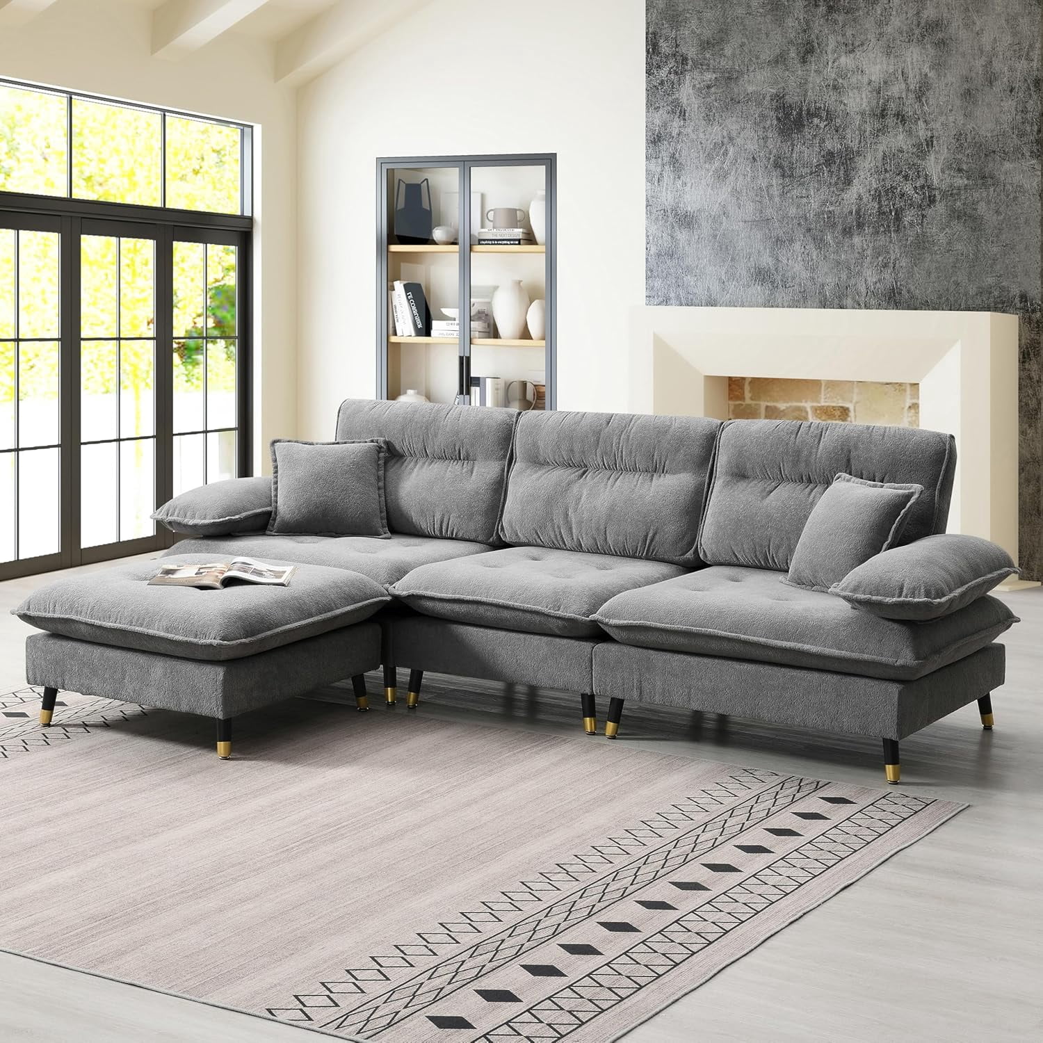 106 * 66.5" L Shaped Cloud Couch With Movable Ottoman, Comfy Modern 4 ...