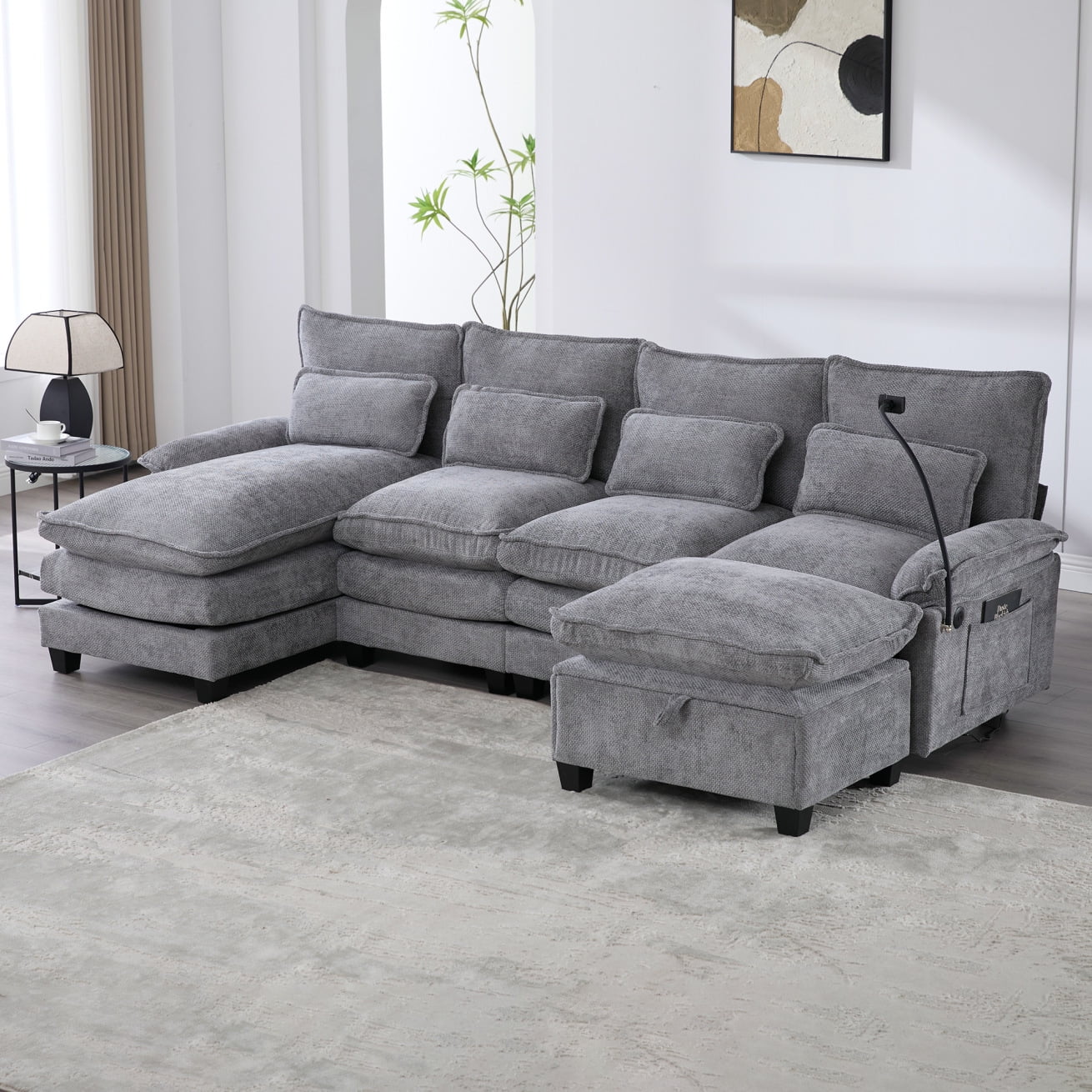 106" Modular Sectional Sofa with Chaise, U-Shaped Cloud Couch with Charging Station, Phone ...