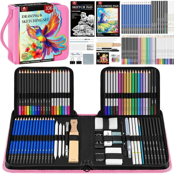 106 PCS Drawing Set Sketching Kit, Pro Art Supplies for Artists Adults Kids Beginners(Pink ...