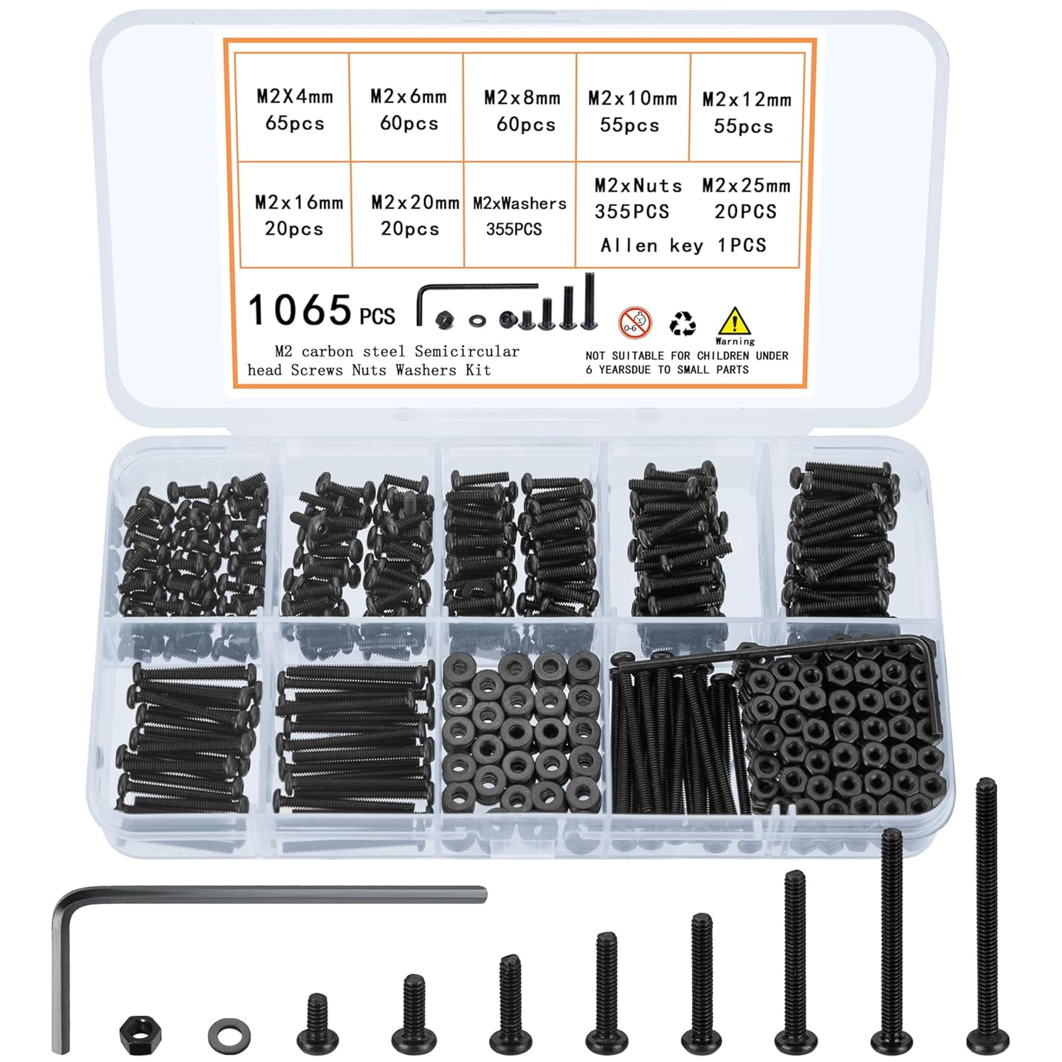 1065 Pcs M2 Screw Assortment, Bolts and Nuts Kit, Hex Socket Button ...
