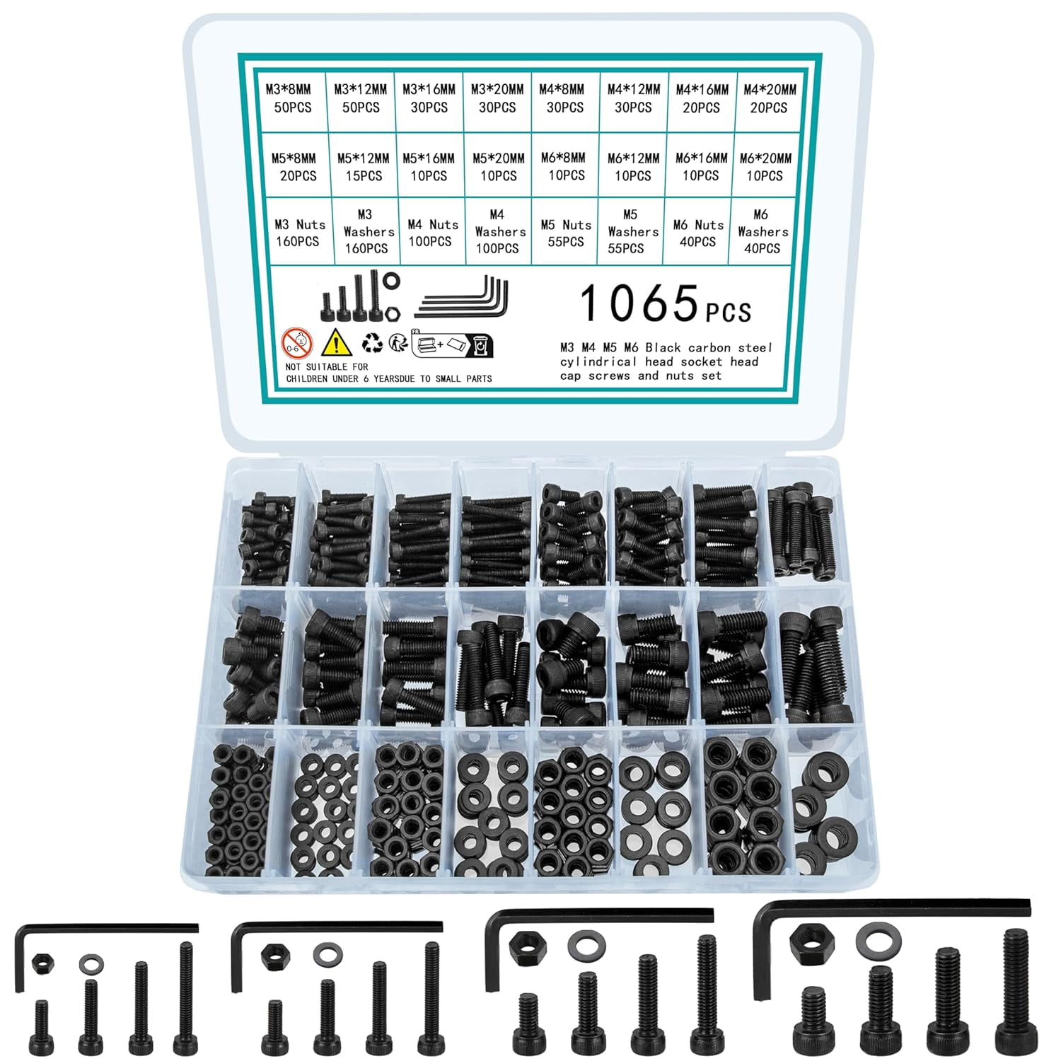 1065 Pcs M3 M4 M5 M6 Screws and Nuts Assortment Kit - Hex Socket Head ...