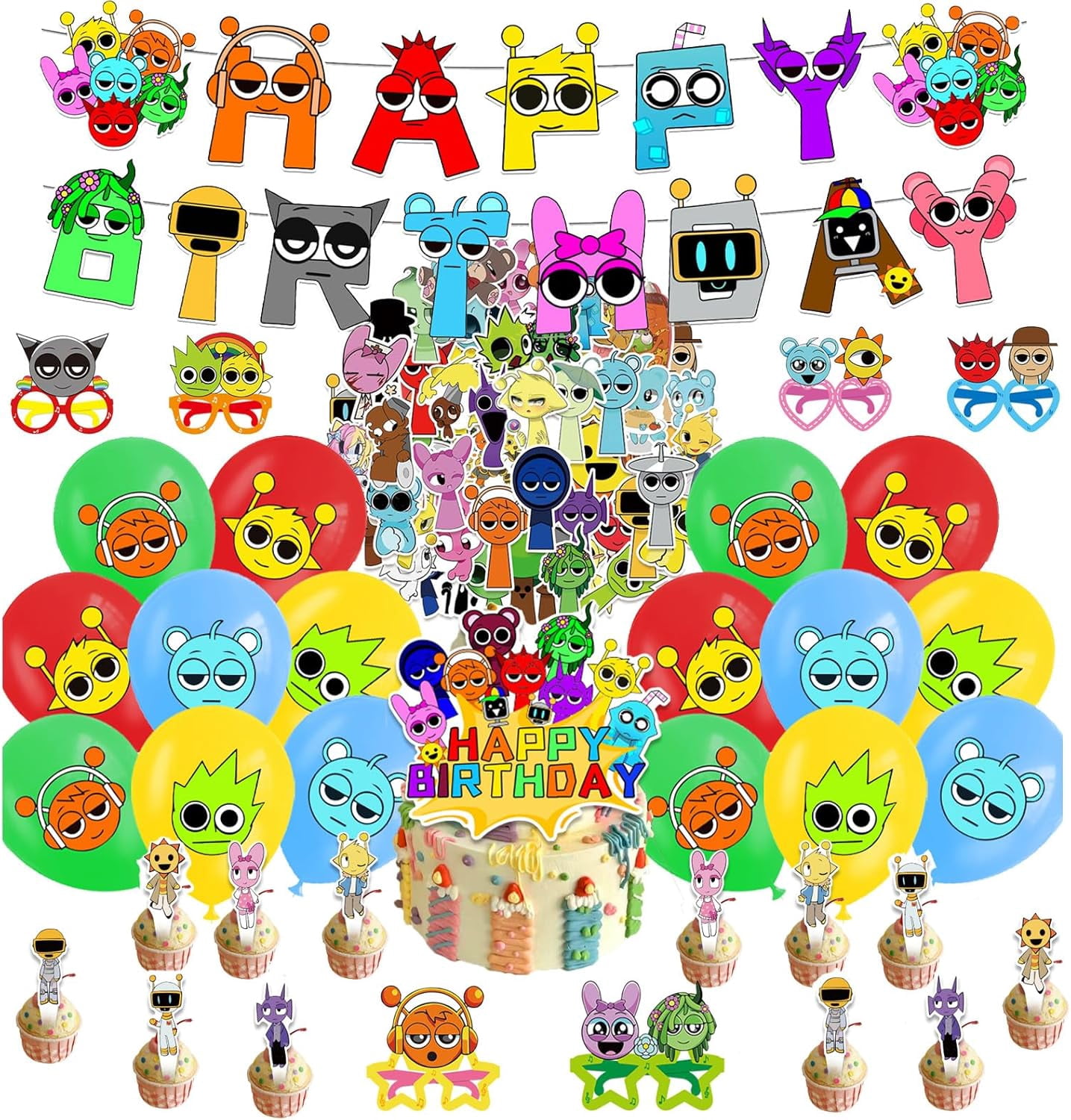 106PCS Sprunki Birthday Party Decoration Supplies - 12 Cake Toppers, 16 ...