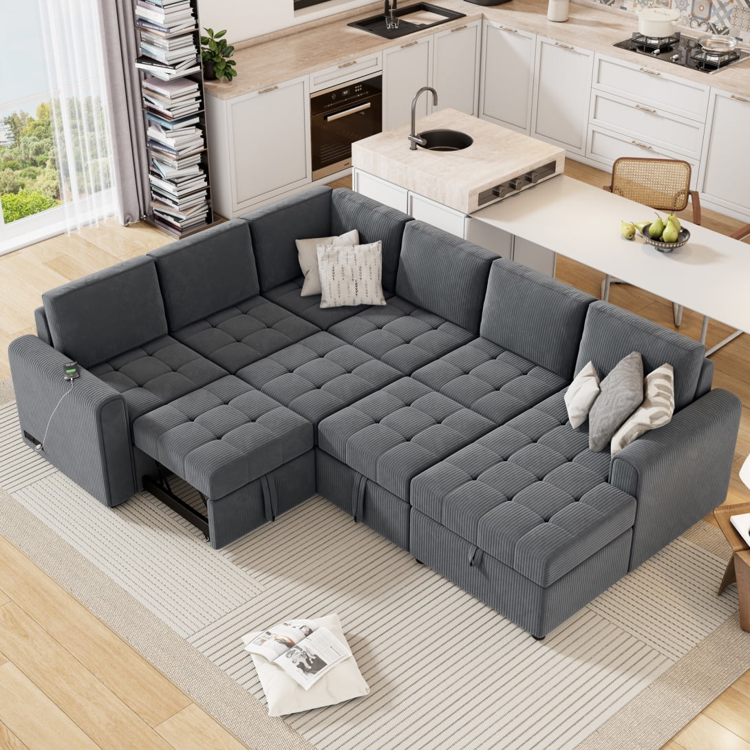 107.5" Modular Sectional Sleeper Sofa with Pull Out Bed, U-shaped ...