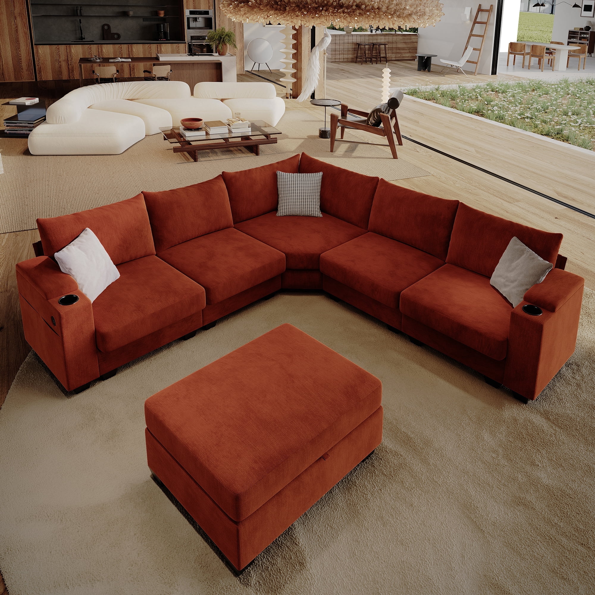 107" 6-Seat L-Shaped Modular Sectional Sofa - Storage Ottoman, Armrest ...