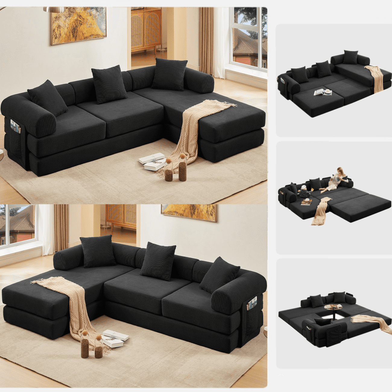 107'' Cloud sofa, 7-in-1 Corduroy Modular Sofa with Pillows, Folding ...
