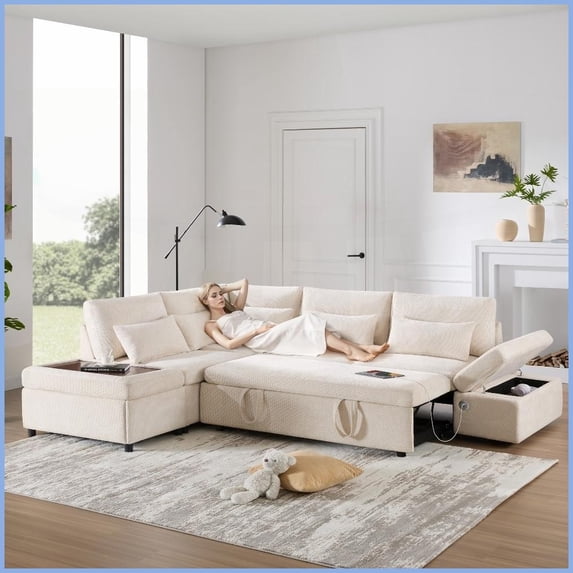 107'' Modular L-Shaped Chenille Pull-Out Sofa with Adjustable Charging ...