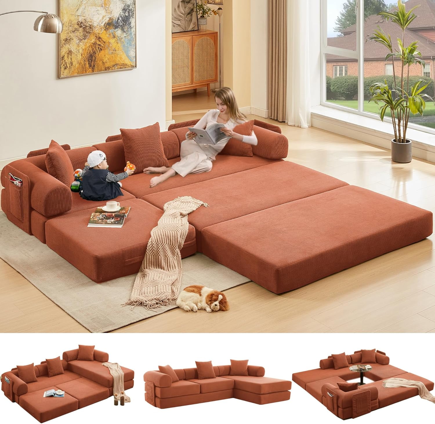 107" Oversized Convertible Floor Foam Couch, Corduroy Modular Sectional ...