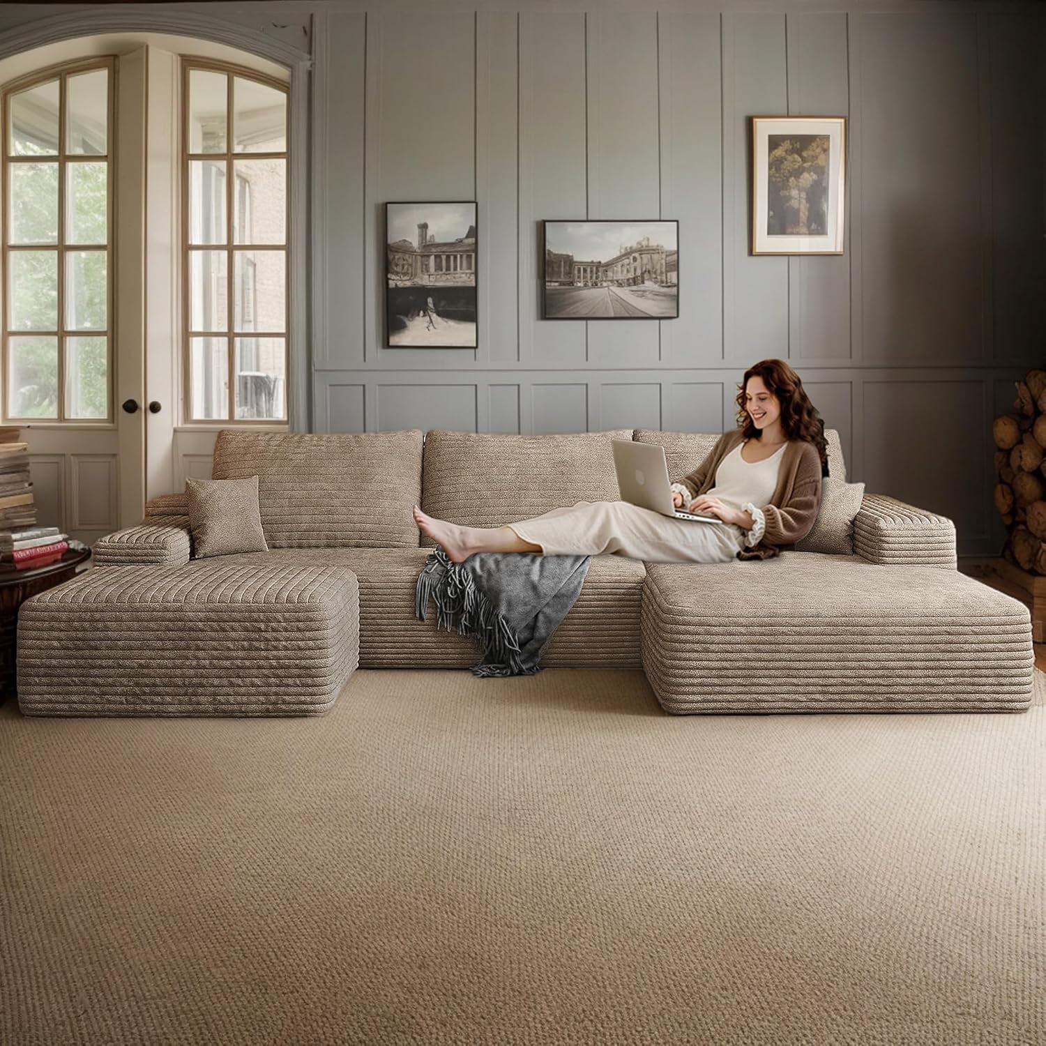 107 U-Shaped Modern Modular Sectional Sofa with Left Chaise & Ottoman ...