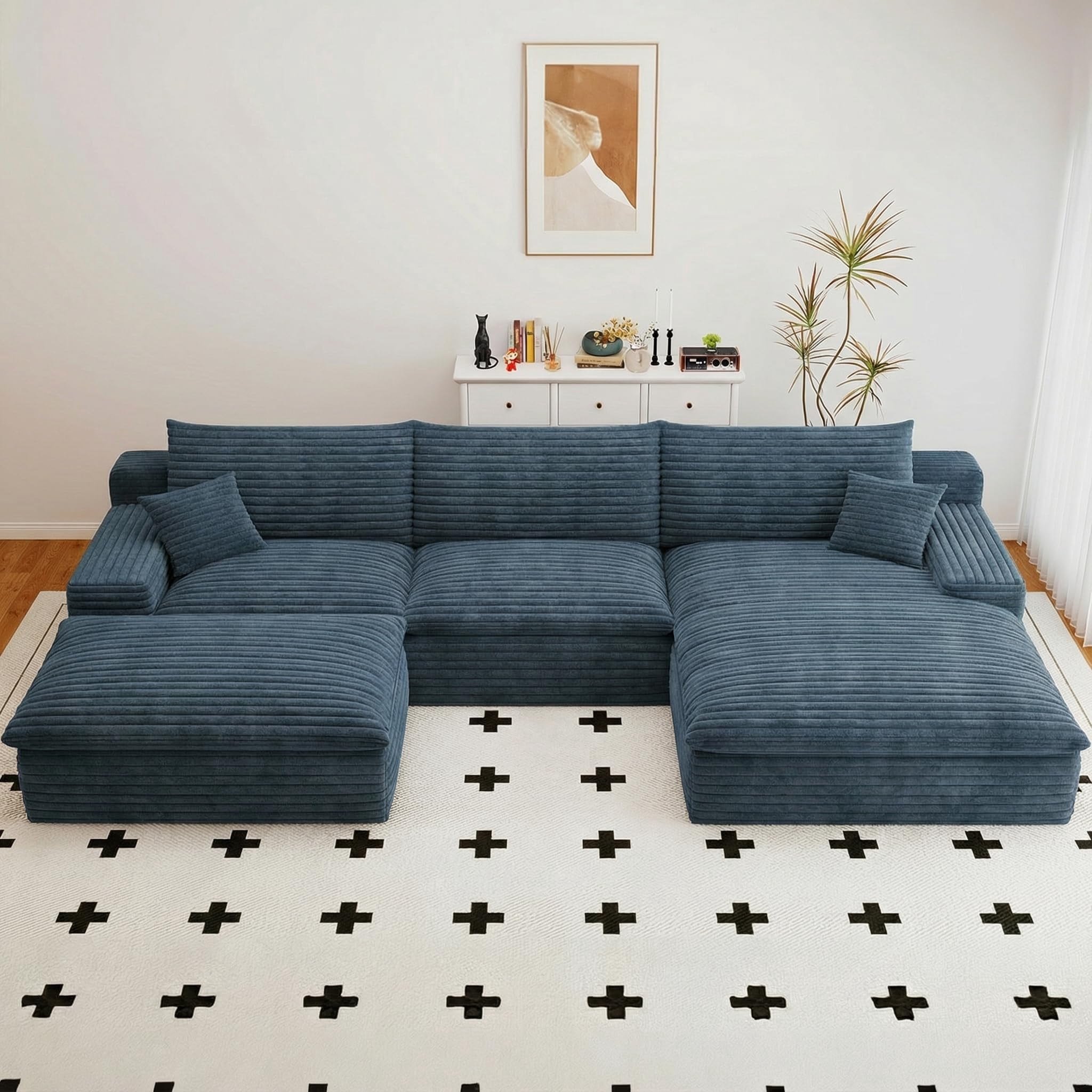 107" U-Shaped Modular Sectional Sofa with Ottoman, Deep Seat Corduroy ...