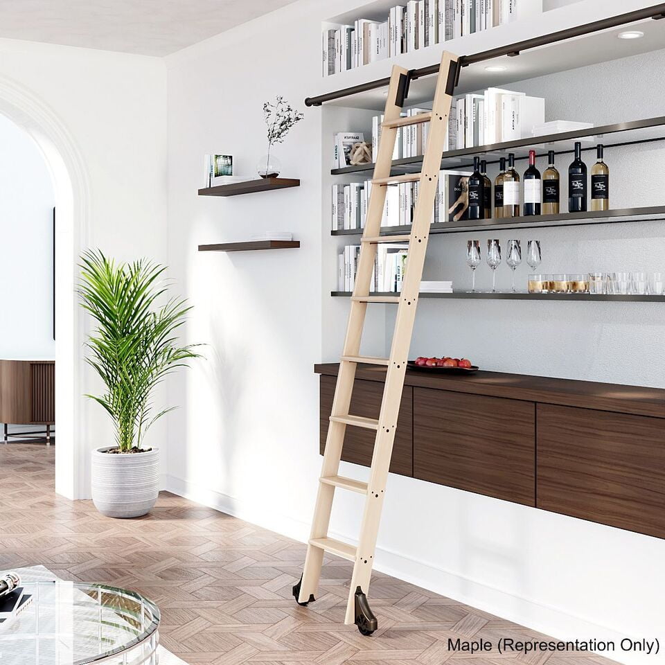 107 in. Clear Finished Red Oak Library Ladder (119 in. Reach) Bronze ...