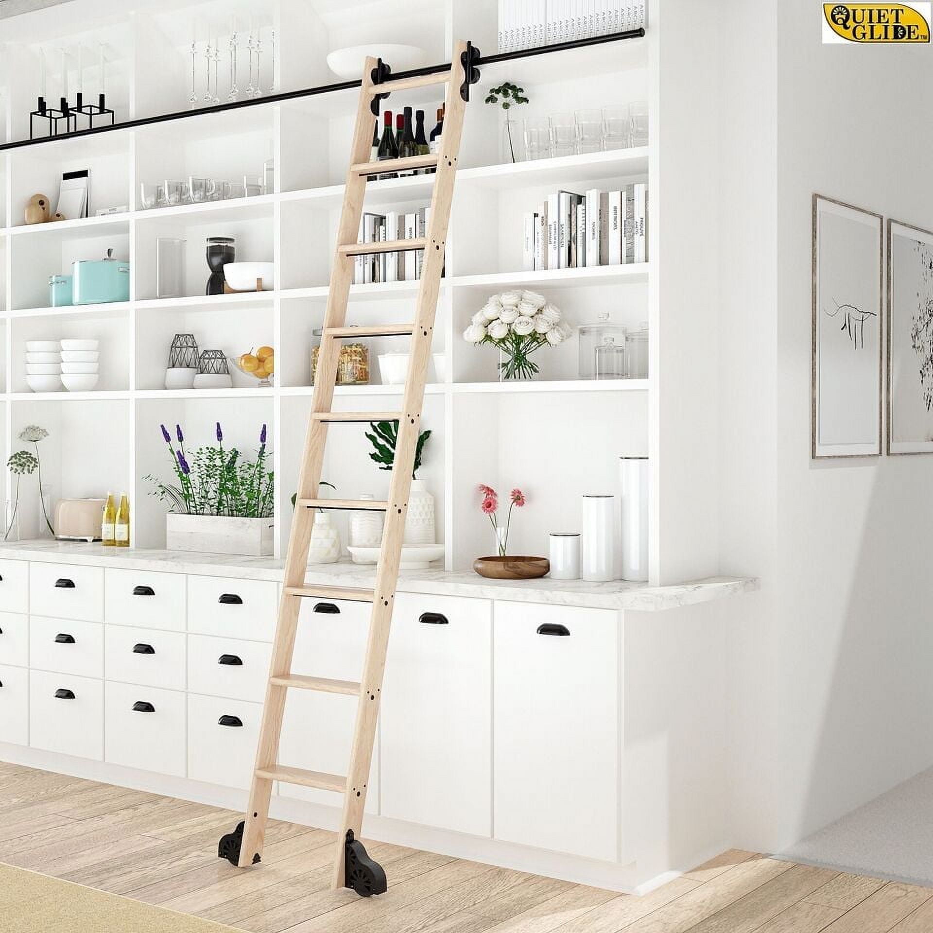 107 in. Unfinished Maple Library Ladder Black Rolling Ladder Kit with ...