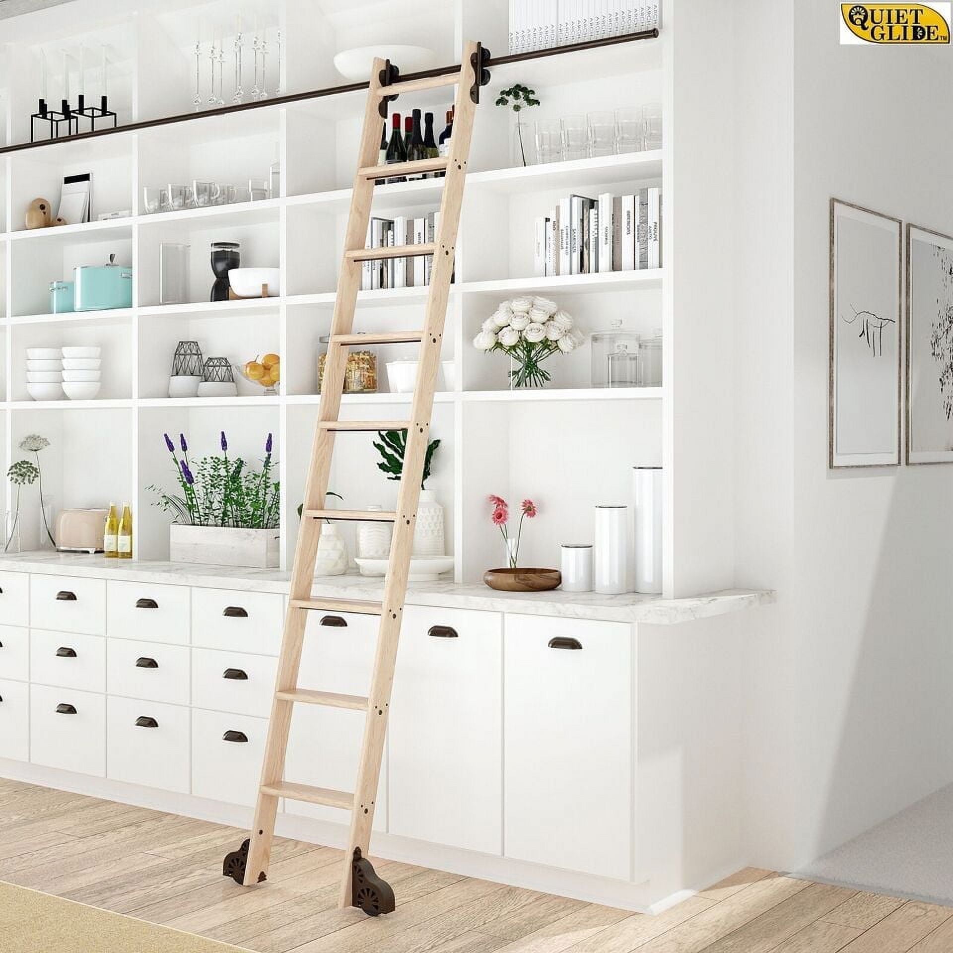 107 in. Unfinished Maple Library Ladder Bronze Rolling Ladder Kit with ...
