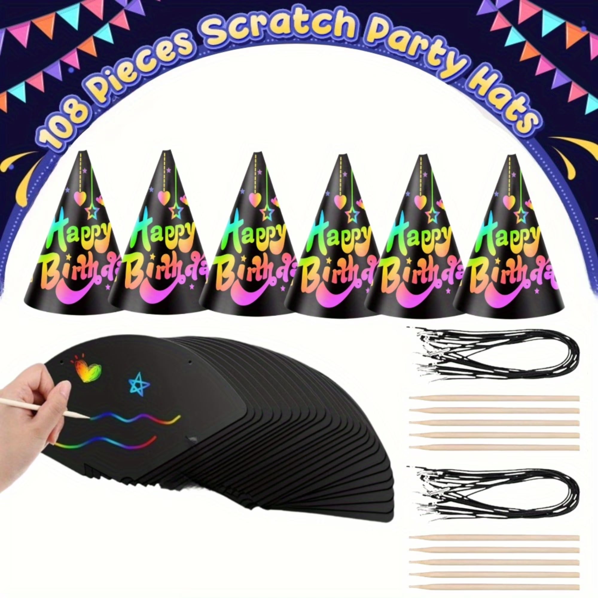 108 Pcs DIY Scratch Art Party Hats, Color Your Own Cone Hats for ...