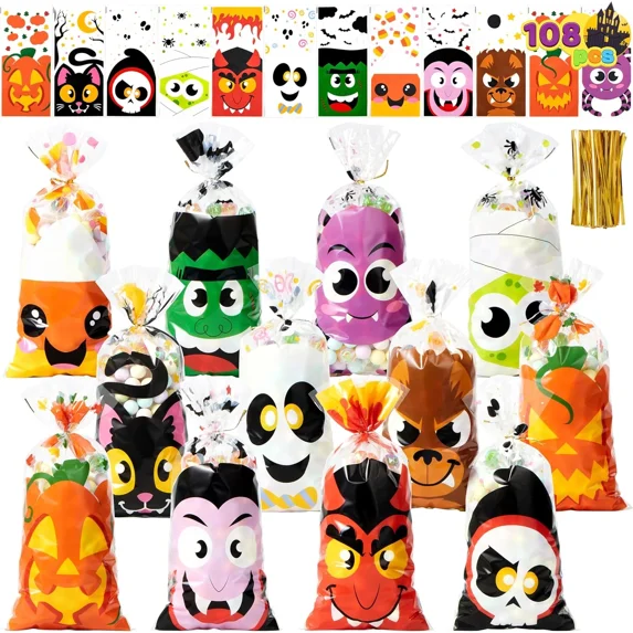 108 Pcs Halloween Cellophane Bags For Sweet Candy Treat, Goodie Gift ...