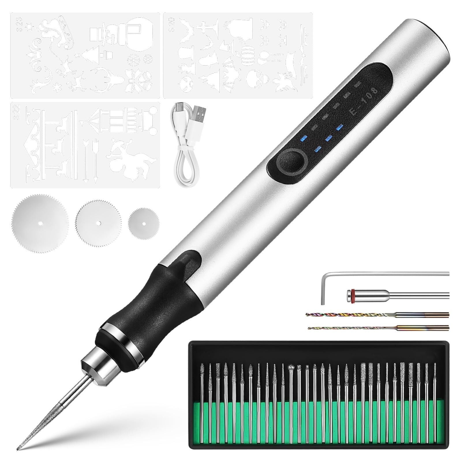 108 Pcs Rechargable Engraving Tool Kit with D-pin, Metal Engraver Tool ...