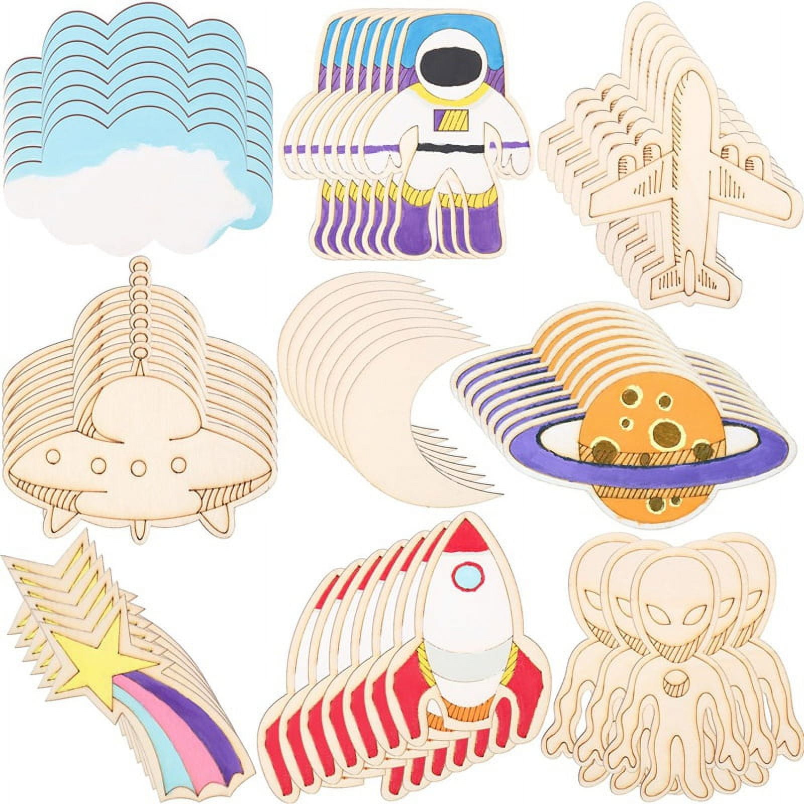 108 Pieces Outer Space Crafts Unfinished Wooden Cutouts Space Themed ...