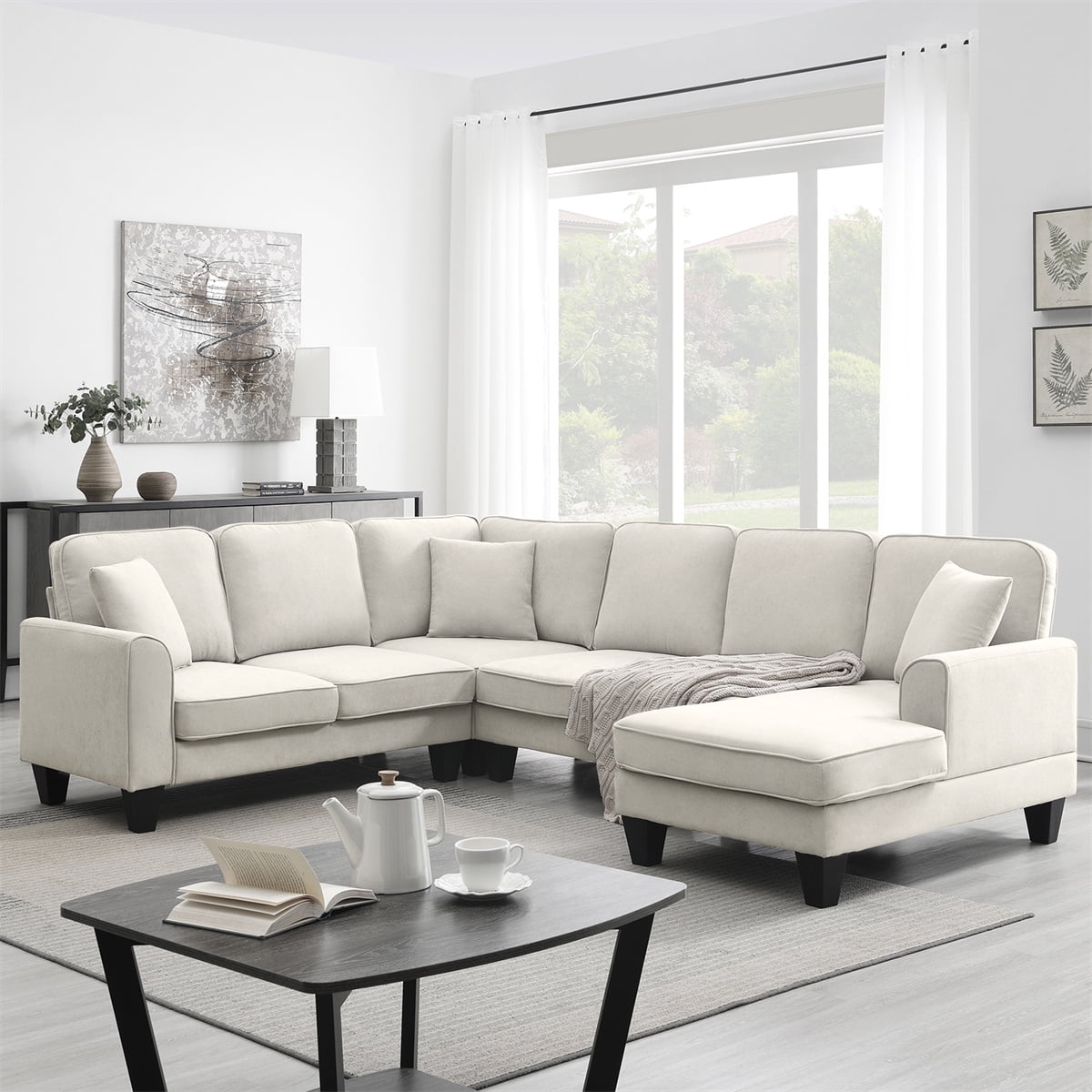 108" U-Shape Sectional Sofa,Modern 7 Seater Fabric Sectional Sofa Set ...