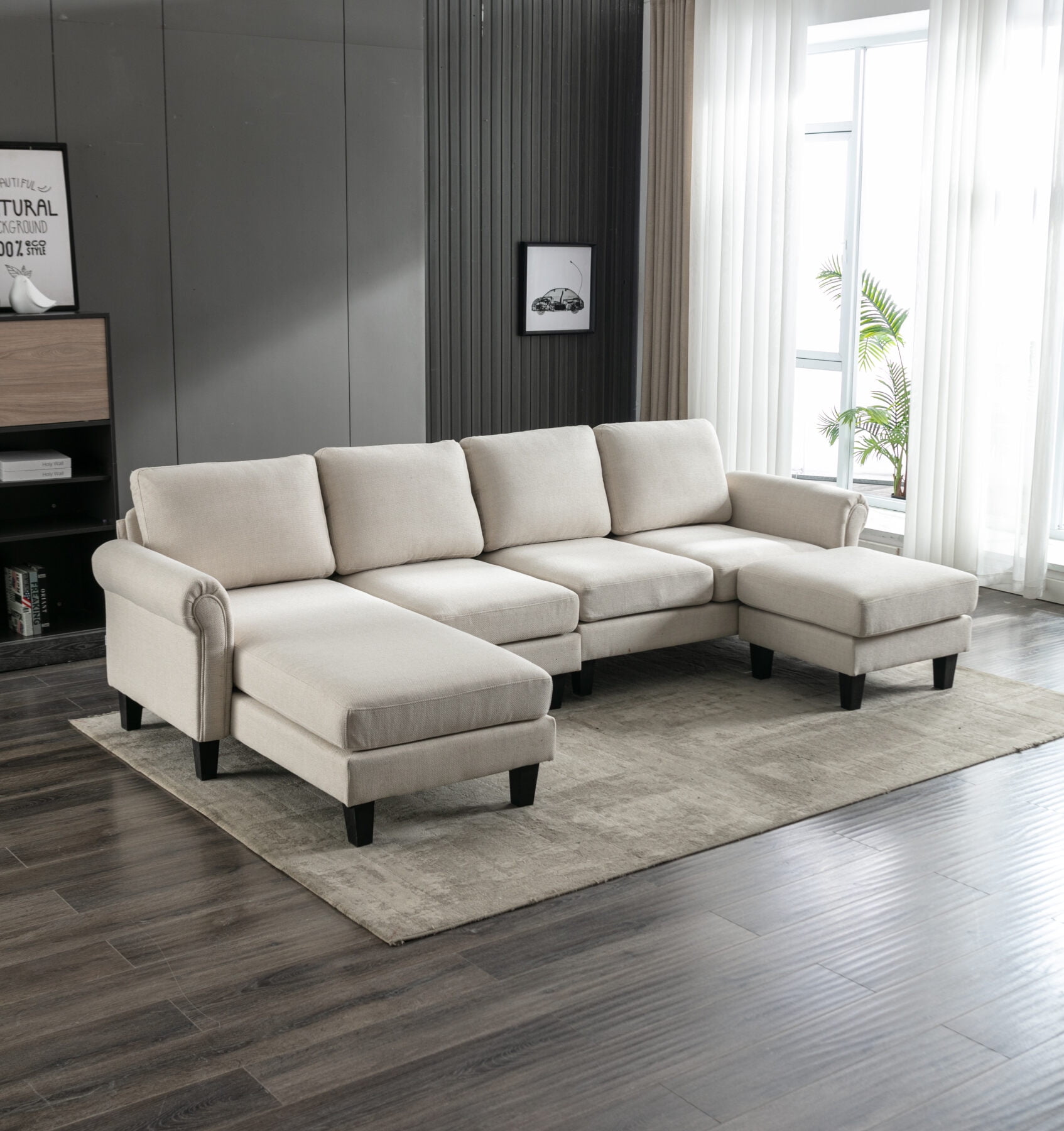 108" U-shaped Sectional Couch, 6-Seat Linen Modular Couch with Chaise ...