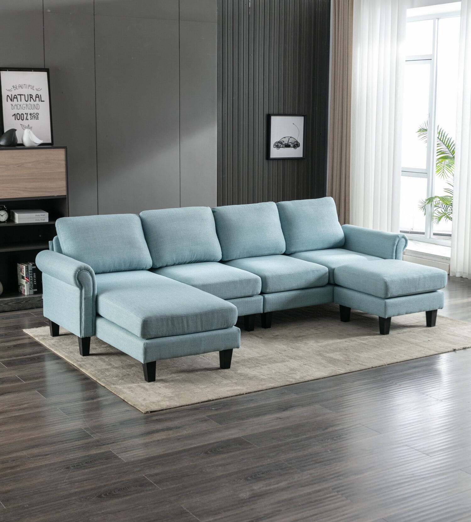 108" U-shaped Sectional Couch, 6-Seat Linen Modular Couch with Chaise ...