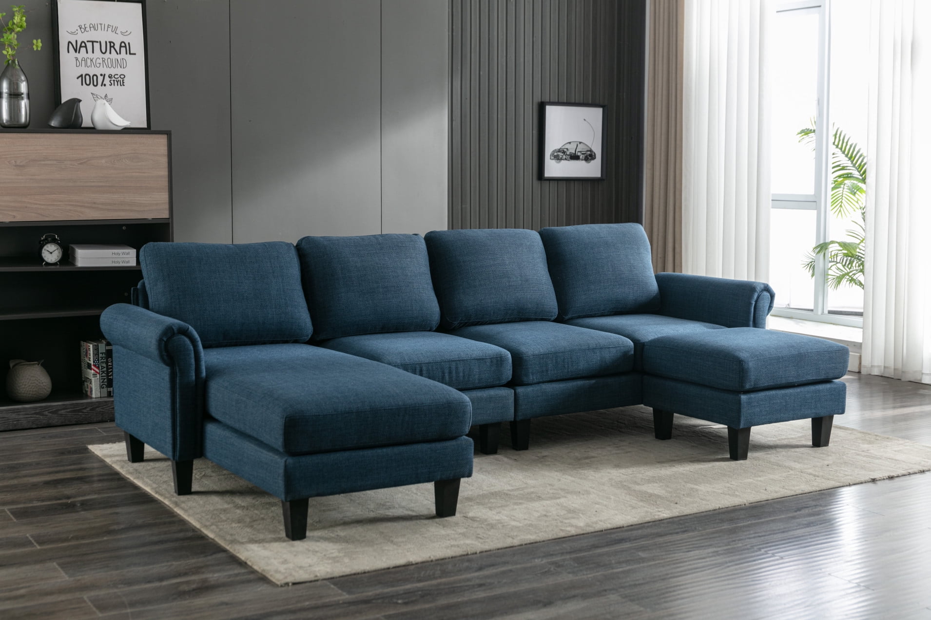 108" U-shaped Sectional Couch, 6-Seat Linen Modular Couch with Chaise ...
