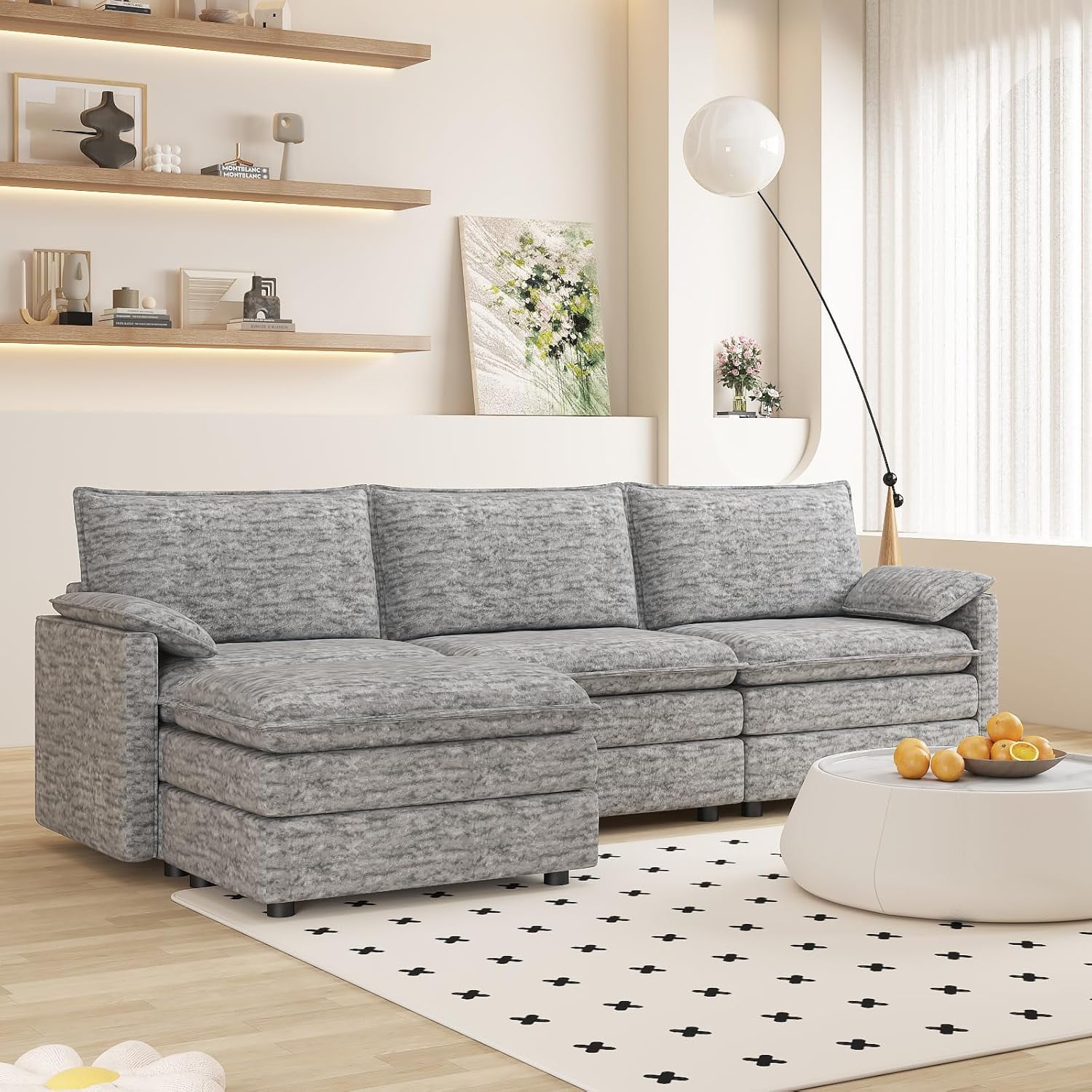 108" XL Modular Sectional Couch, Deep Seat Modern Chenille L Shaped ...