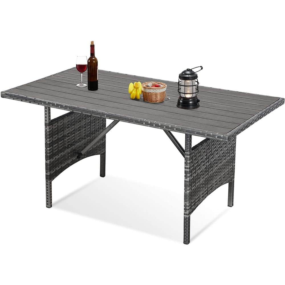 54 in. Outdoor Gray Rattan Dining Table with Wicker Metal Frame ...