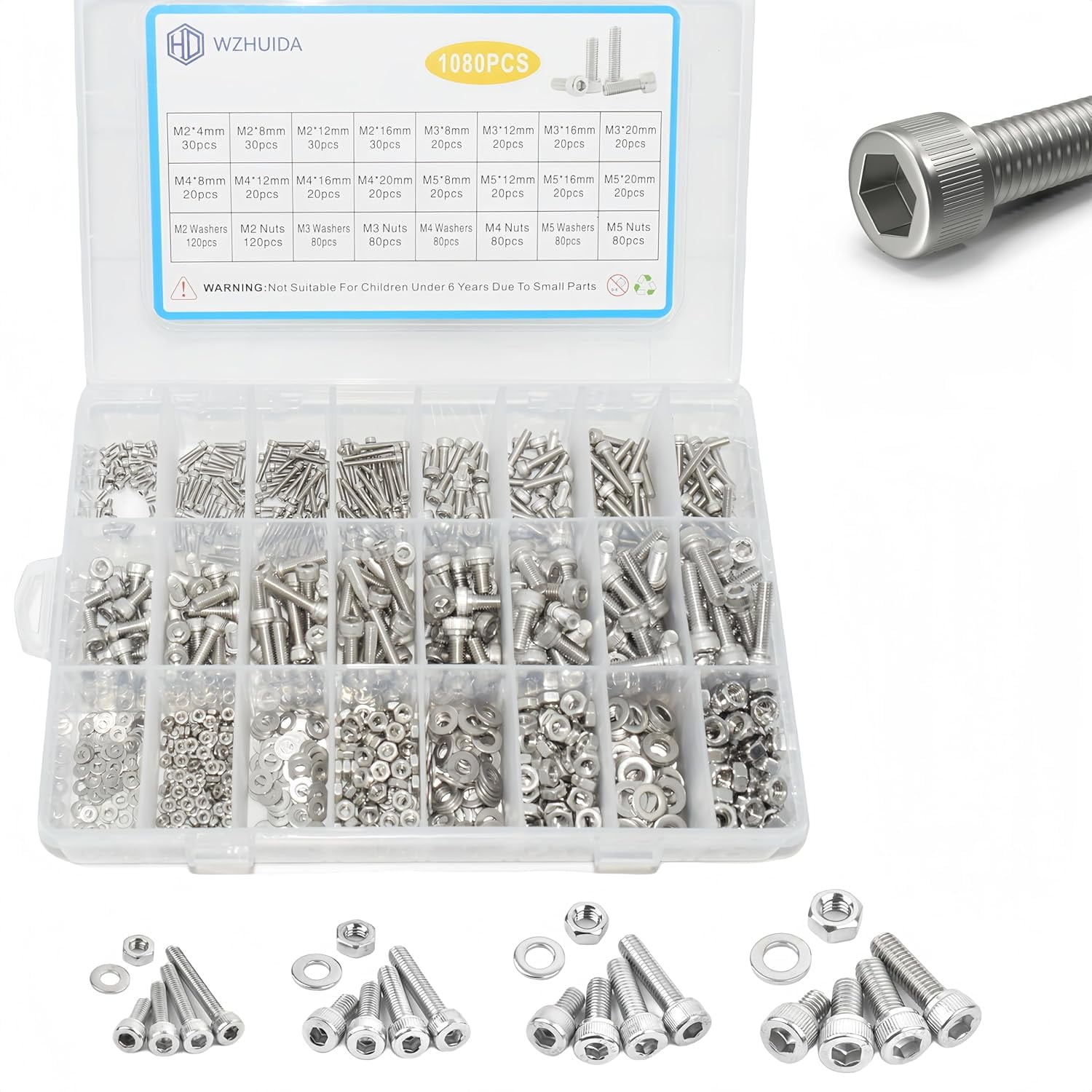 1080 Pcs M2 M3 M4 M5 Screw Assortment, Metric Hex Socket Head Cap Bolts ...