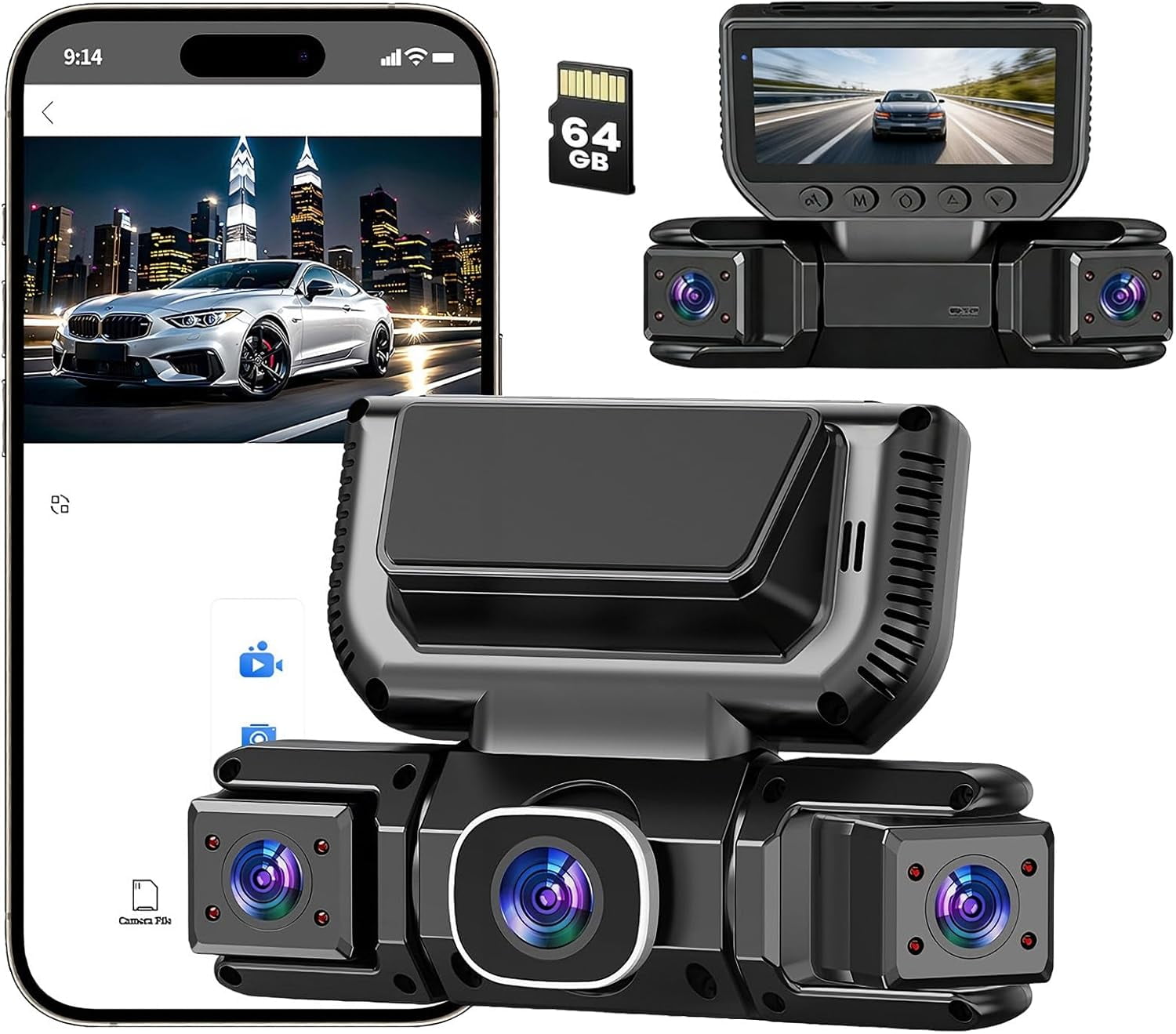 1080P 360° Car Dashcam System, WiFi 4-Channel DVR with 64GB SD Card ...