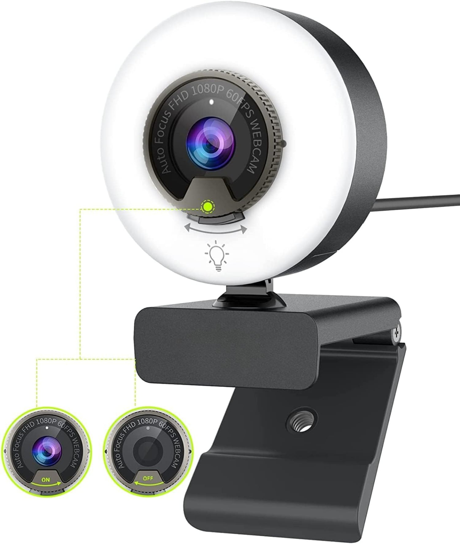 1080P 60FPS Webcam with Light, Fast AutoFocus, Built-in Privacy Cover ...