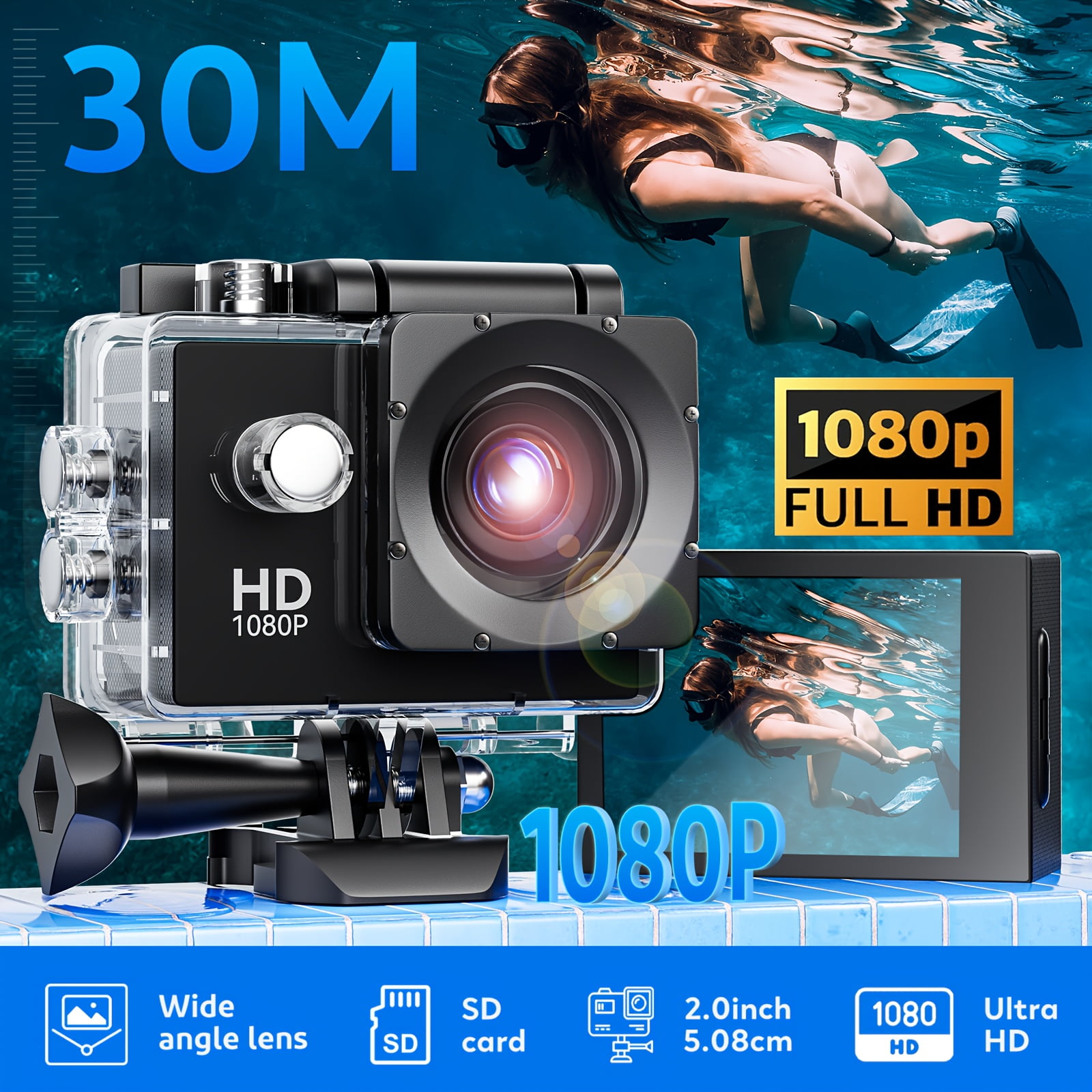 1080P Action Camera with Pre-Recording, Autofocus & 170° Wide-Angle LCD ...