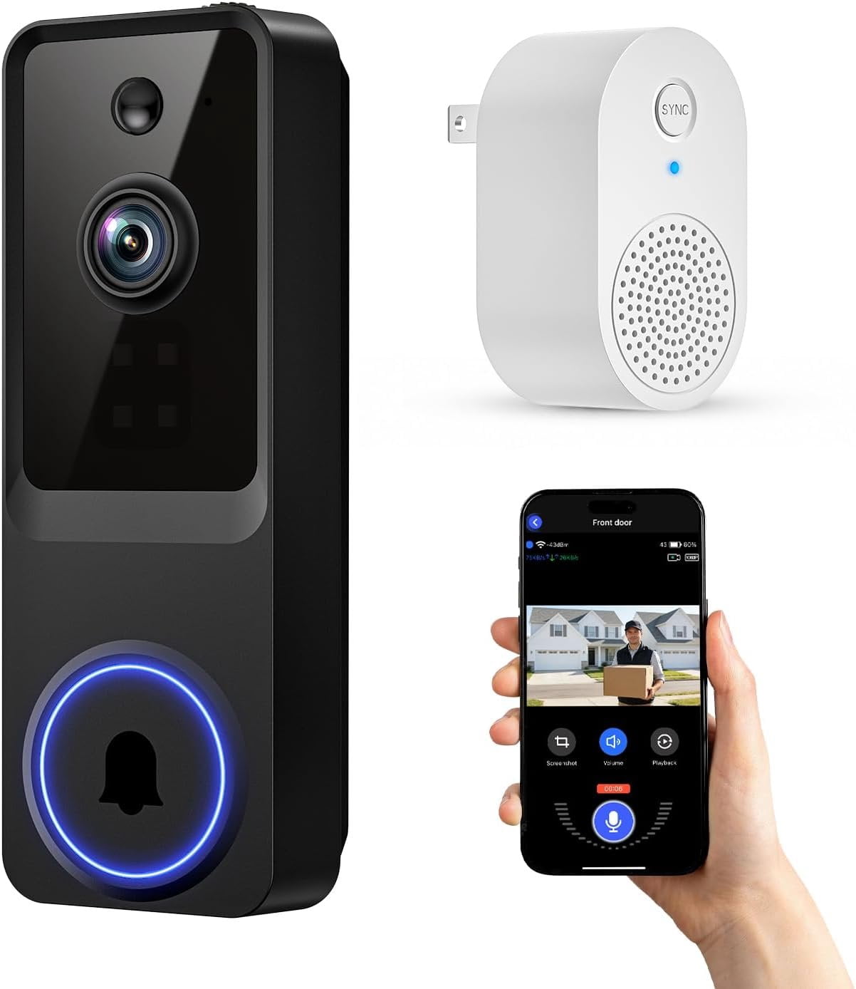 1080P Doorbell Camera with Receiver, AI Human Detection, Real-Time , 2 ...