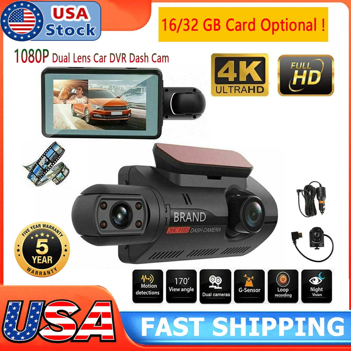1080P Dual Lens Car DVR Dash Cam Video Recorder G-Sensor Front and ...