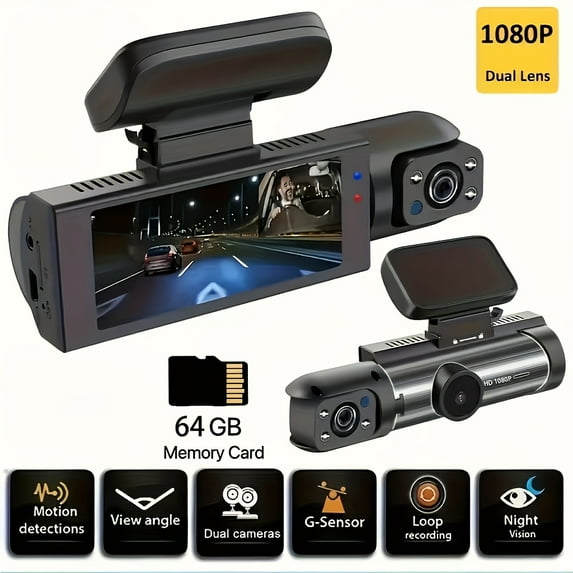 1080P Dual Lens Dash Cam - 3.16" IPS Screen IR Night Vision Wide Angle ...