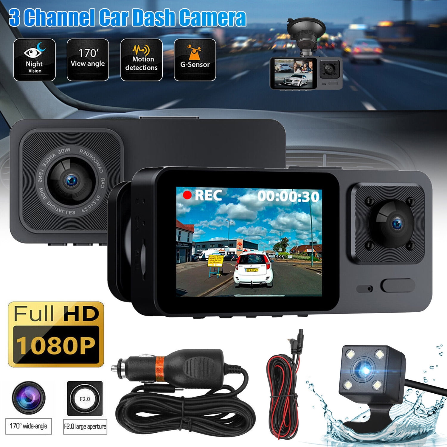 1080P Full HD Wide Angle Dashboard Camera, 3 Channel Dash Cam Front and ...