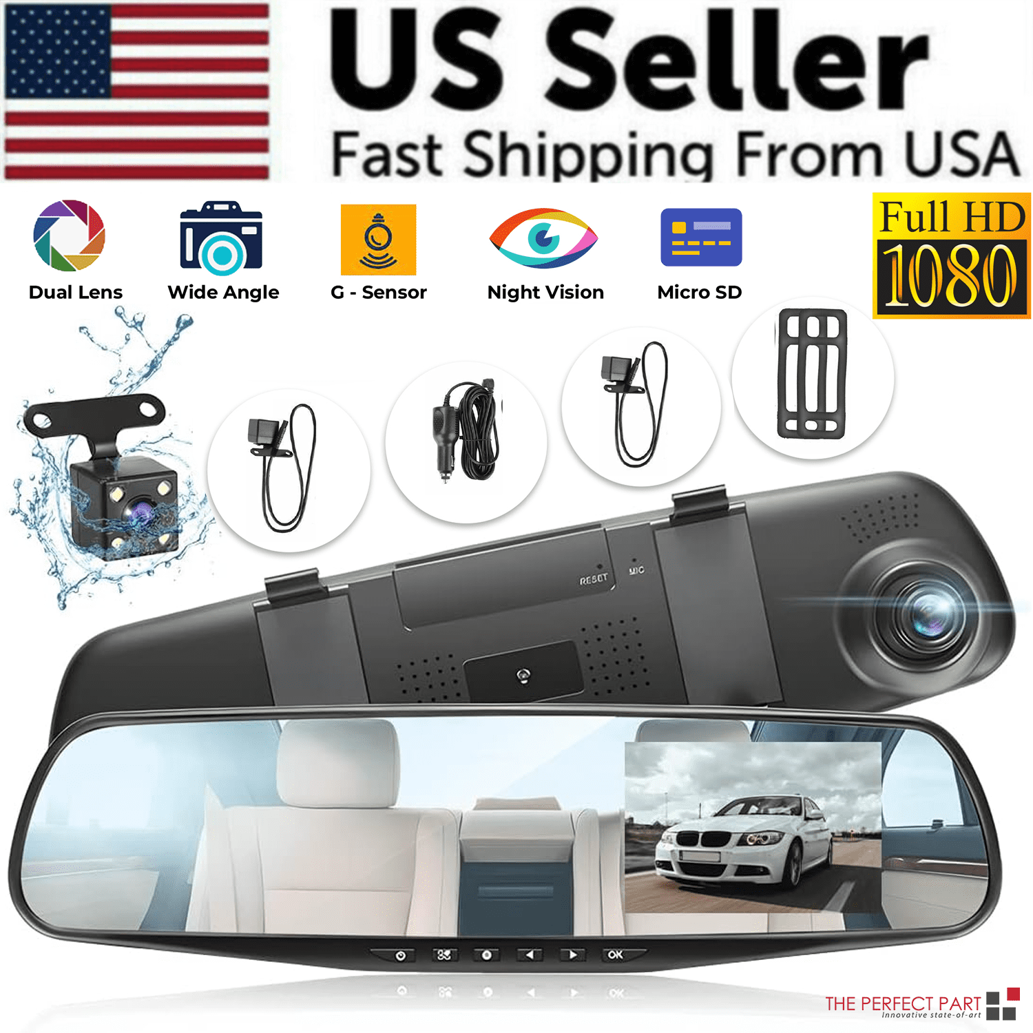 1080P HD Rearview Mirror Car DVR Dual Dash Cam Camera Front Rear Video ...