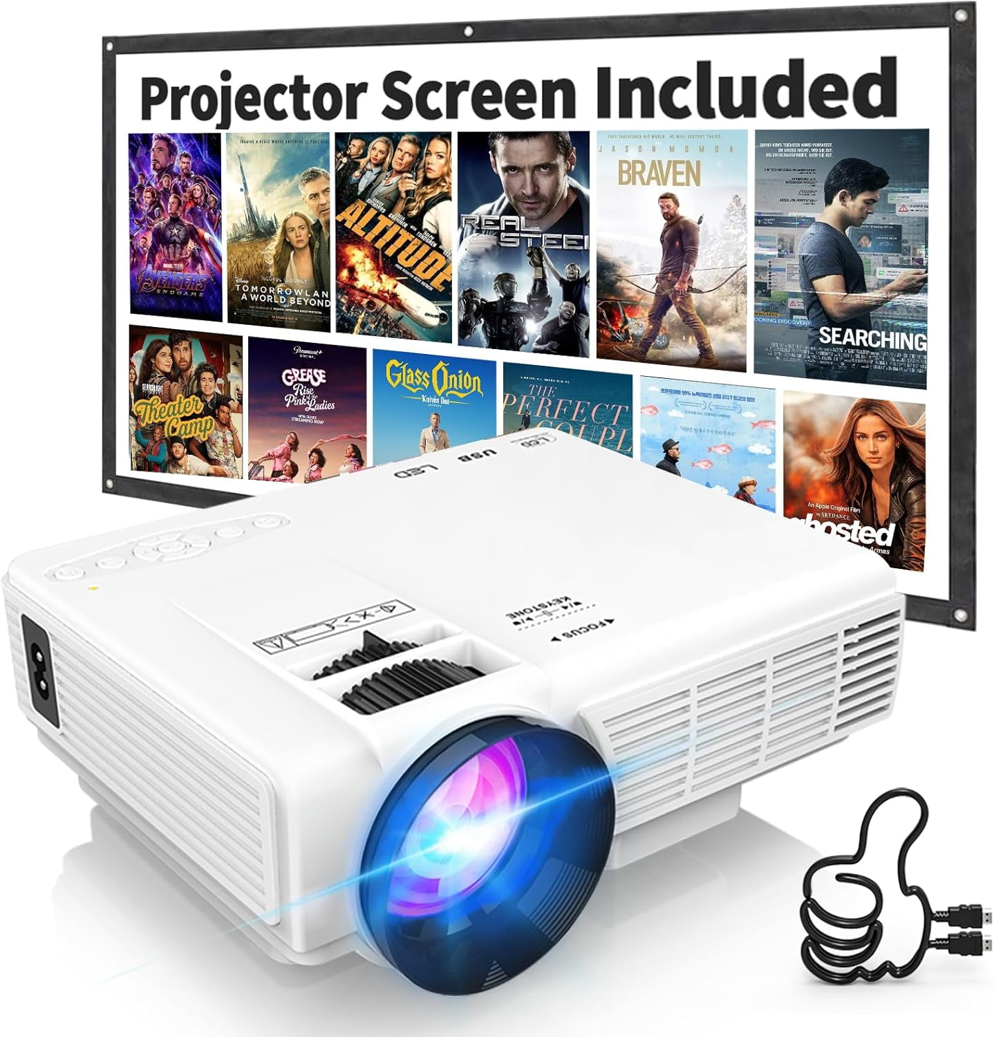 1080P Mini Projector with Screen, Portable Home Theater Movie Projector ...