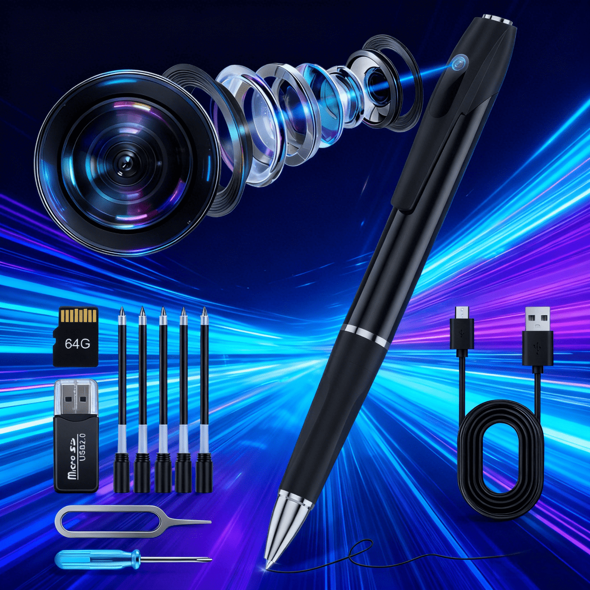 1080P Mini Spy Camera Pen 64GB , USB Rechargeable Hidden Camera - One ...