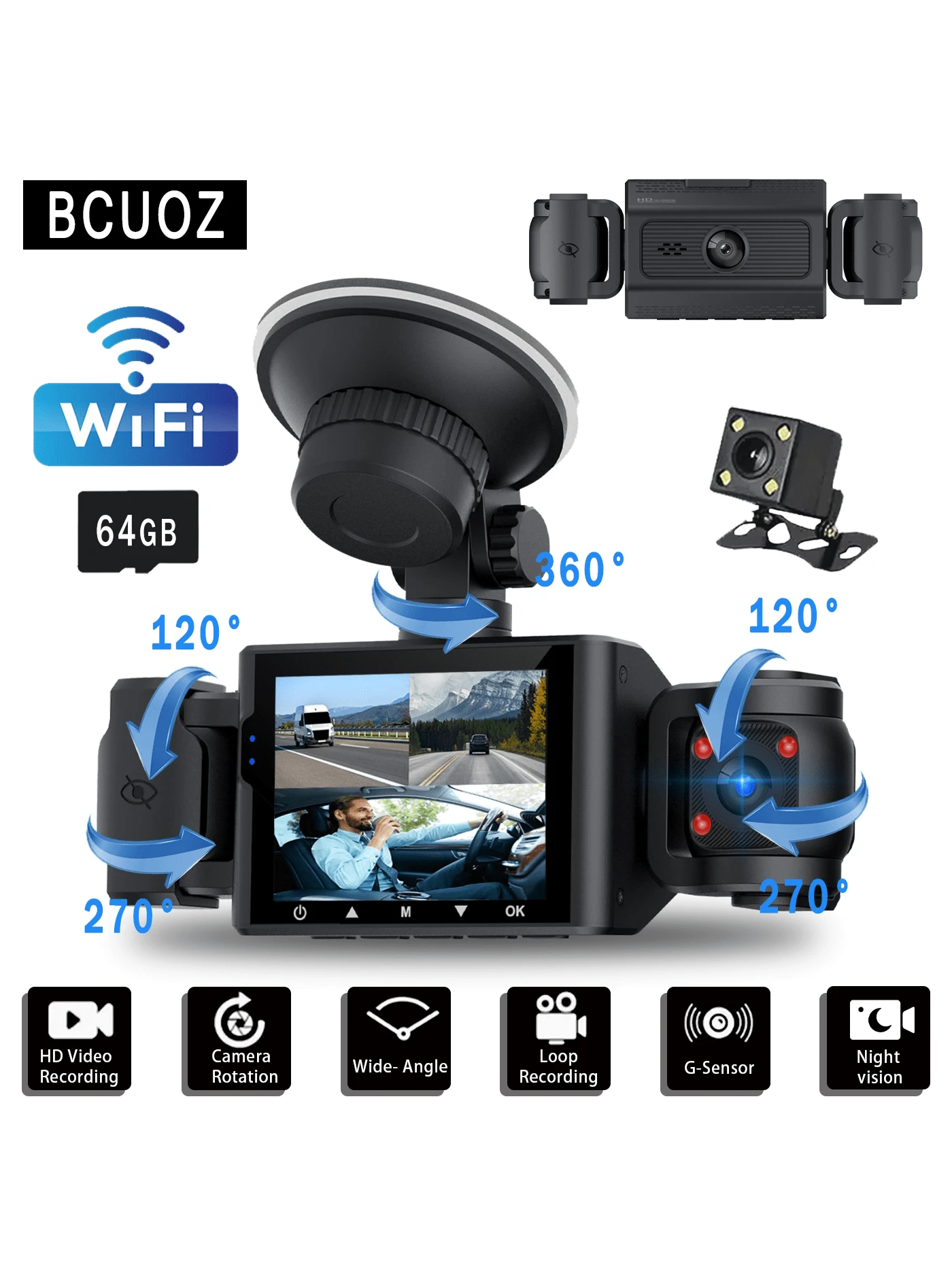 1080P WiFi Dash Cam, 360° Rotating Camera Front/Rear/Inside, Night ...