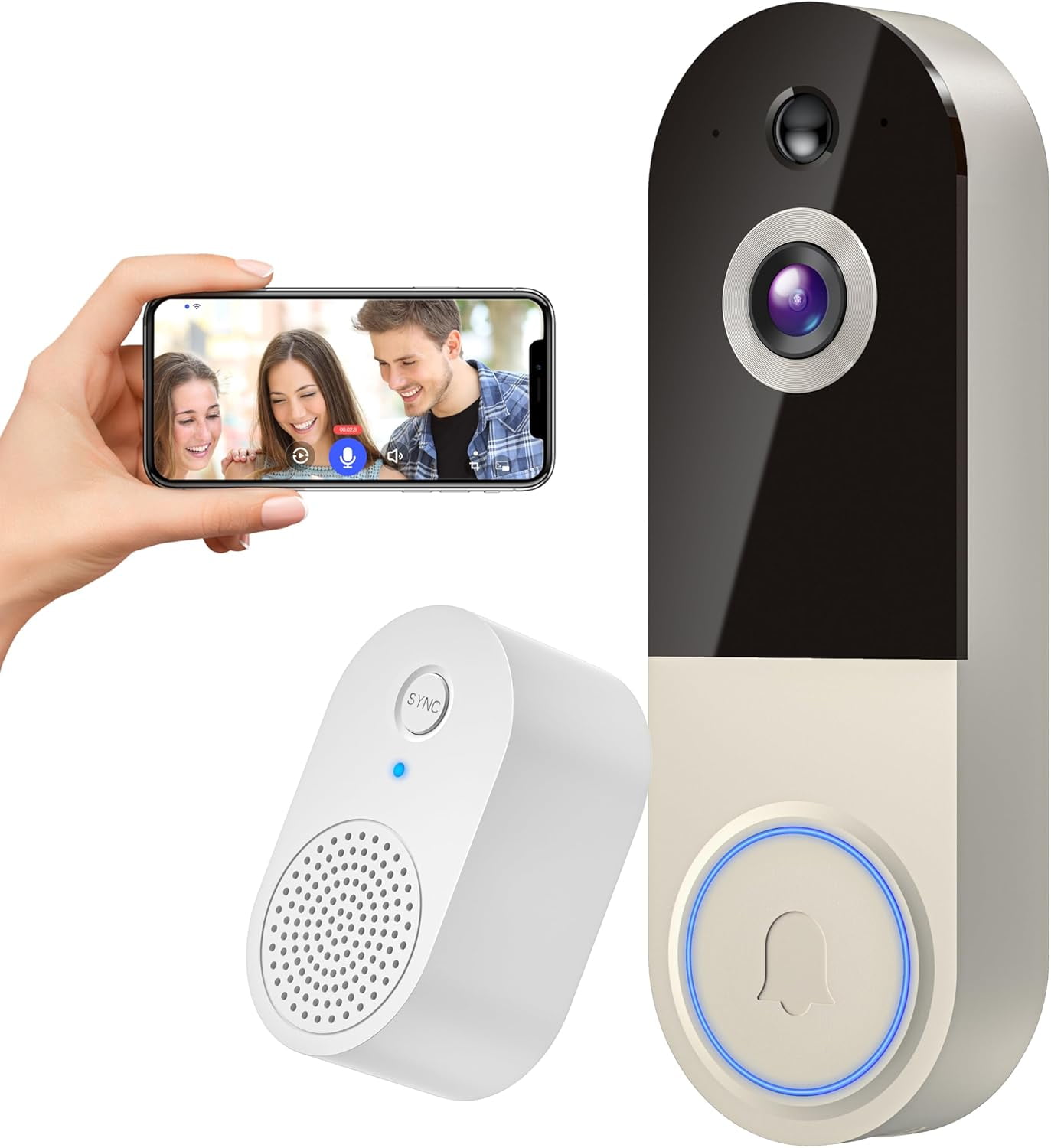 1080p Wireless Doorbell Camera with Receiver, AI Human Detection, 2-Way ...