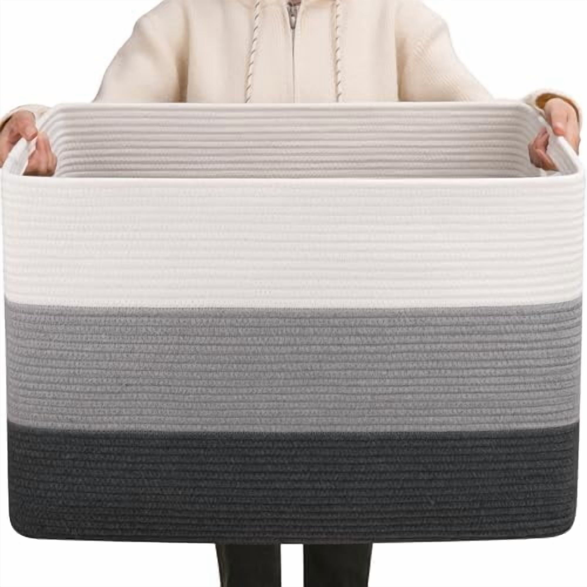 108L Super Large Blanket Basket, 25”x16”x16” Rectangle Woven Baskets for Storage, Cotton Rope ...