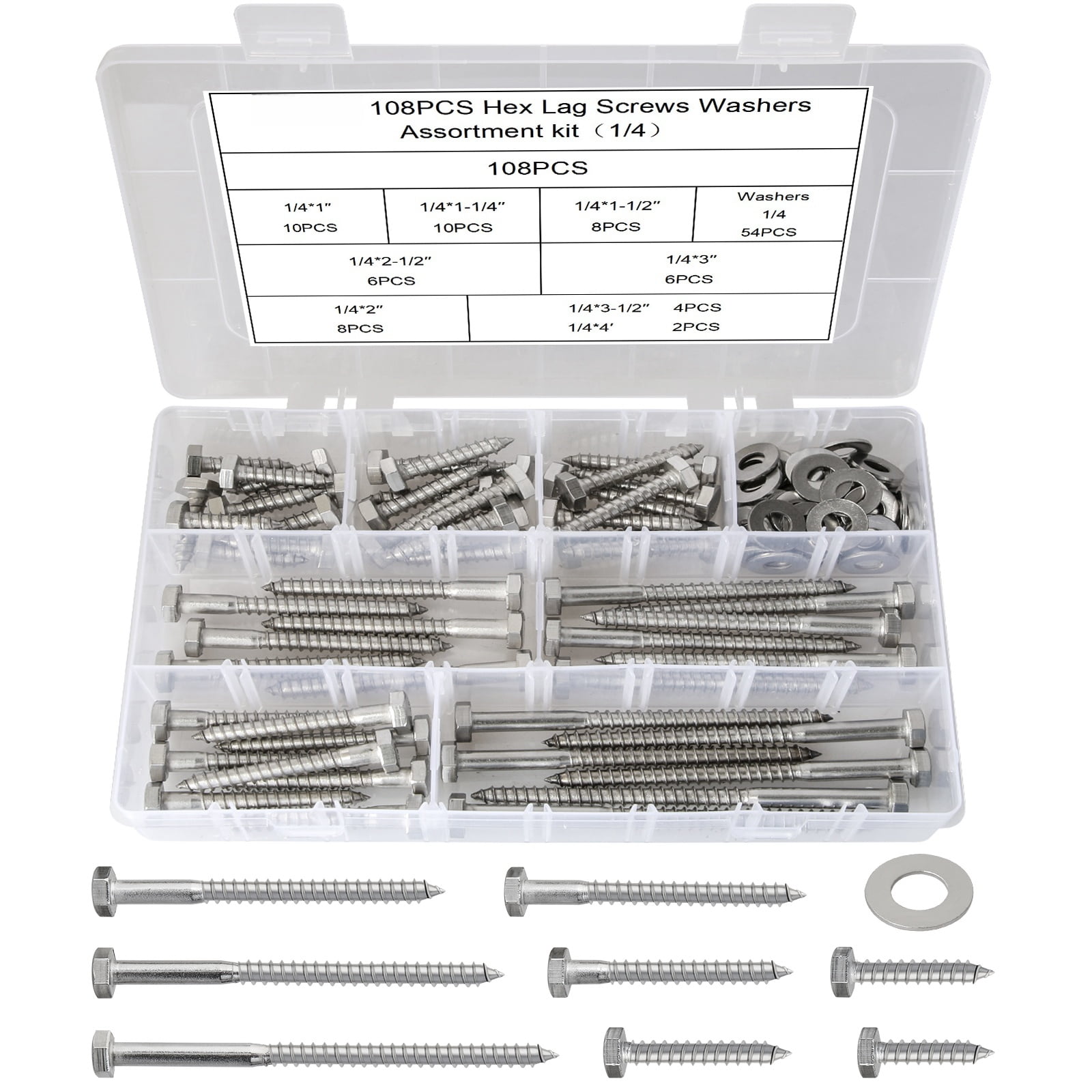 108PCS 1/4" Hex Lag Bolts Wood Screws Assorted Set & Washers, Self ...