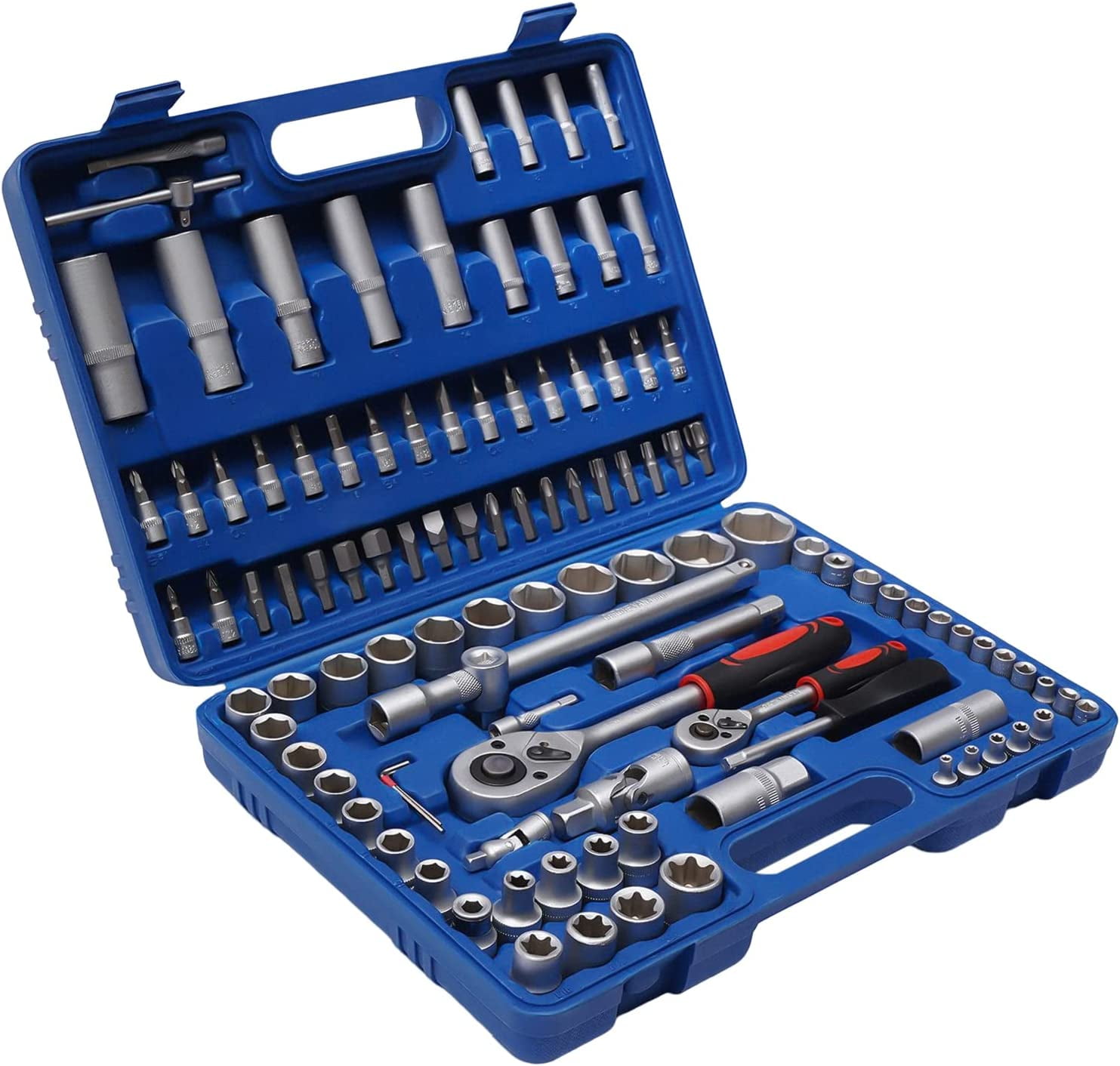 108pcs Automotive Mechanics Tool Set,Socket Wrench And Metric,1/4 And 1/2 Drive Socket Set,Auto ...
