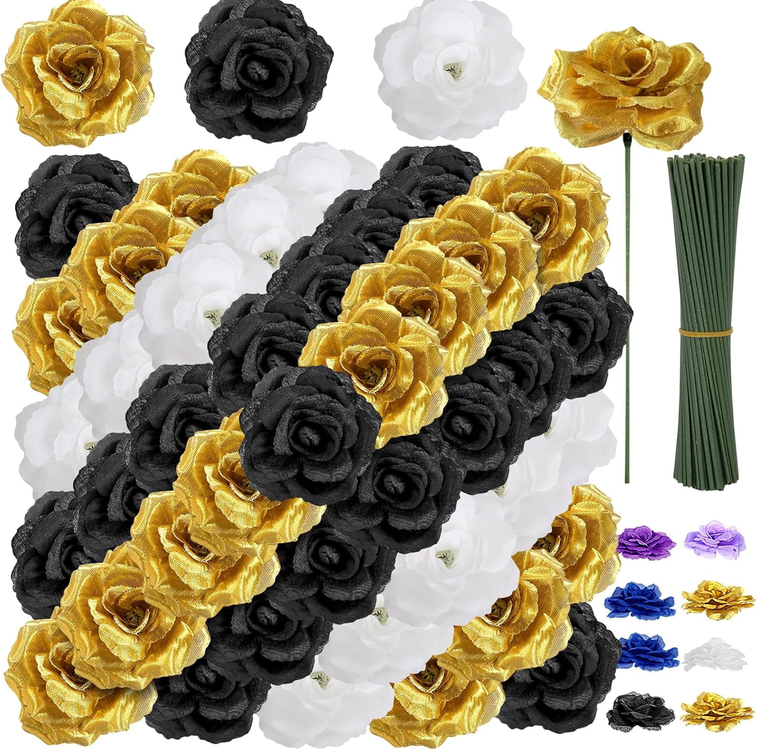 108pcs Roses Head Flowers with Stem - Black Gold White Graduation ...