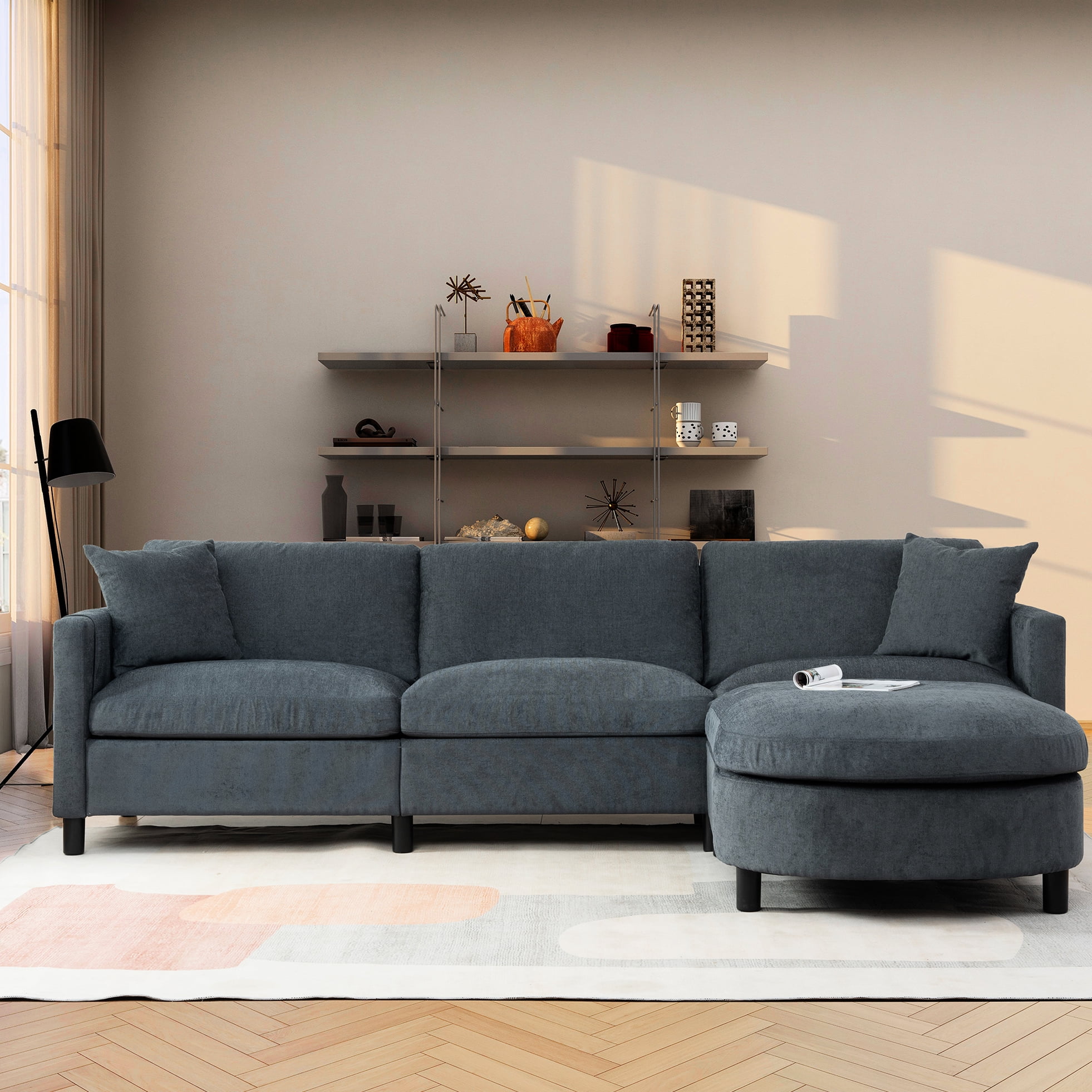 109.45" Sectional Couch With , Dark Gray Upholstery, Pp Foam + Cushions ...