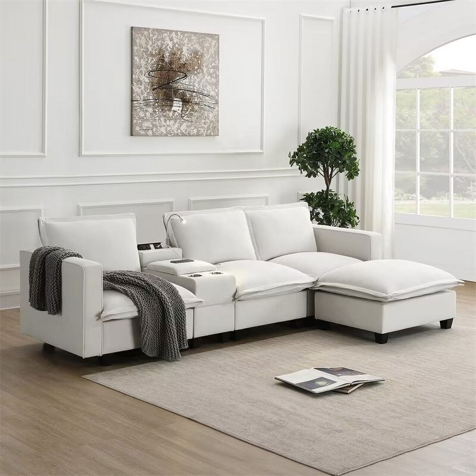 109" Modern Sectional Cloud Sofa with Console, USB Charging Port ...