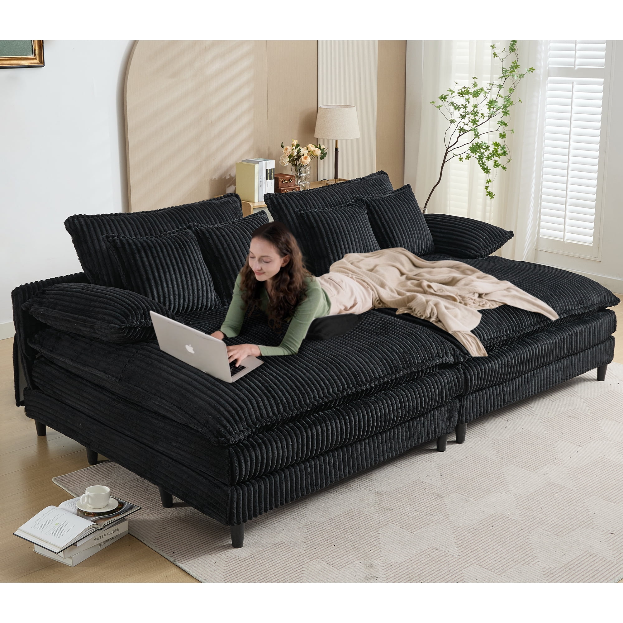 109" Oversized Double Chaise Lounge - 4-Position Adjustable Corduroy ...