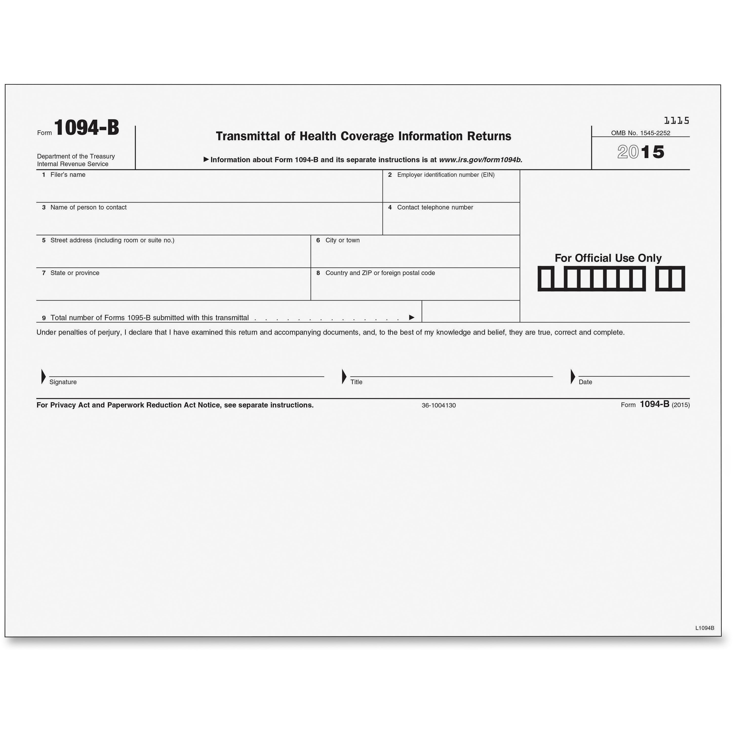 1094-B Transmittal For 1095-B Laser Form, 8 1/2 X 11, 25 Sheets/pack ...