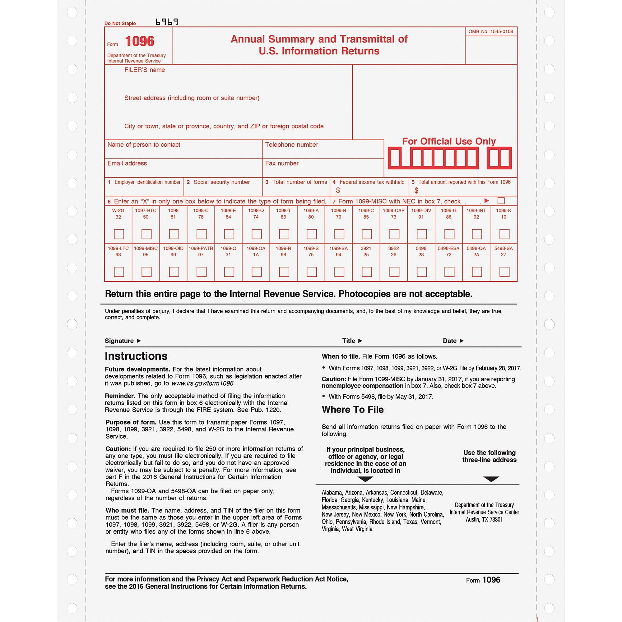 1096 Summary Transmittal Tax Forms, Two-Part Carbonless, 8 X 11, 1/page ...